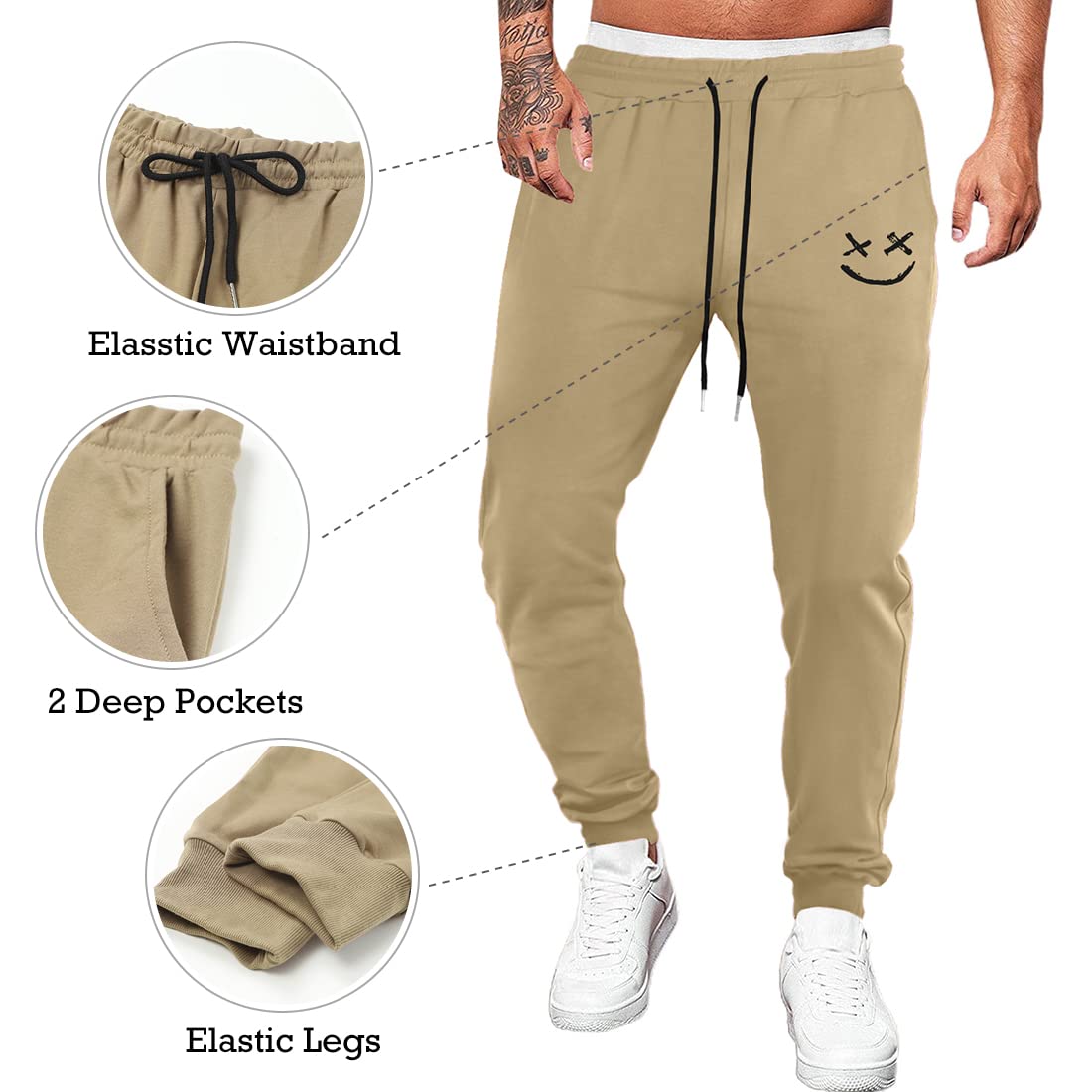 Renaowin Mens Sweatpants Causal Fit Tapered Track Pants with Pockets Athletic Joggers for Men Workout, Running, Gym Khaki US 38(XL)