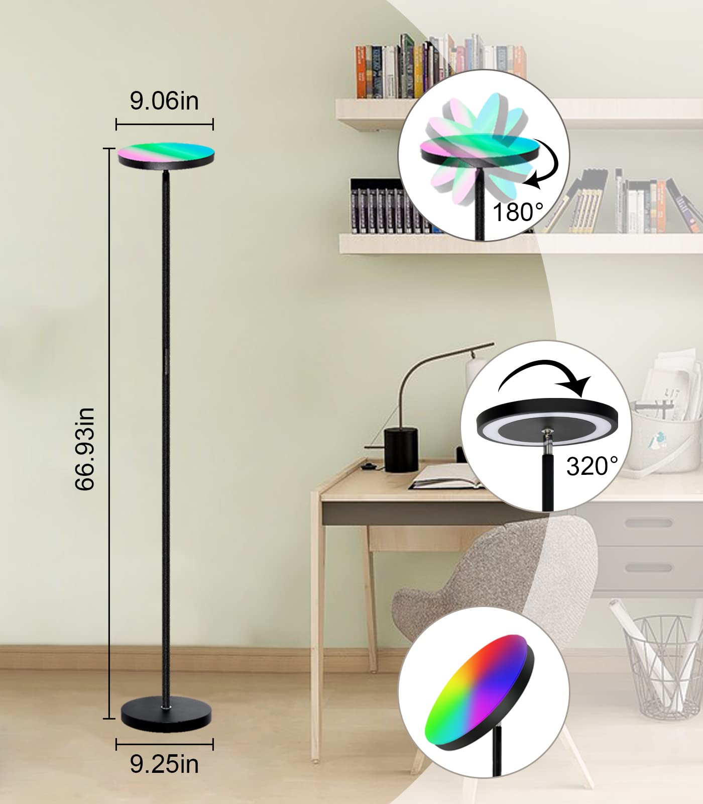 Ovensty Floor Lamp, RGB LED Standing Lamp with Modern Double-Side Lighting, Smart App Control, 2700K-6500K Color Changing Dimmable Upgraded Super Bright Tall Lamps for Bedroom Living Room
