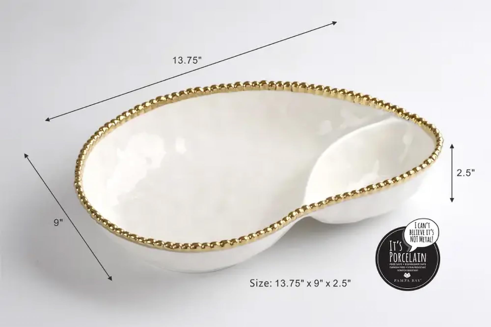 Pampa Bay Titanium-Plated Porcelain 2 Section Serving Piece, 13.8 x 9 Inch, Gold/White Tone, Oven, Freezer, Dishwasher Safe