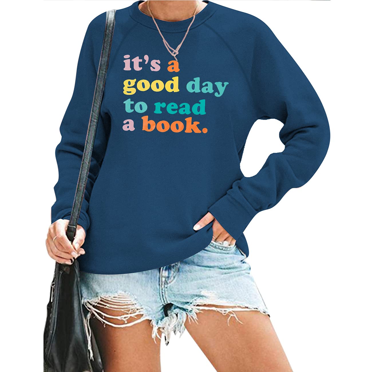 LUKYCILD Itās a Good Day to Read a Book Sweatshirt Women Book Lovers Teacher Shirt Funny Graphic Print Long Sleeve Top Blue