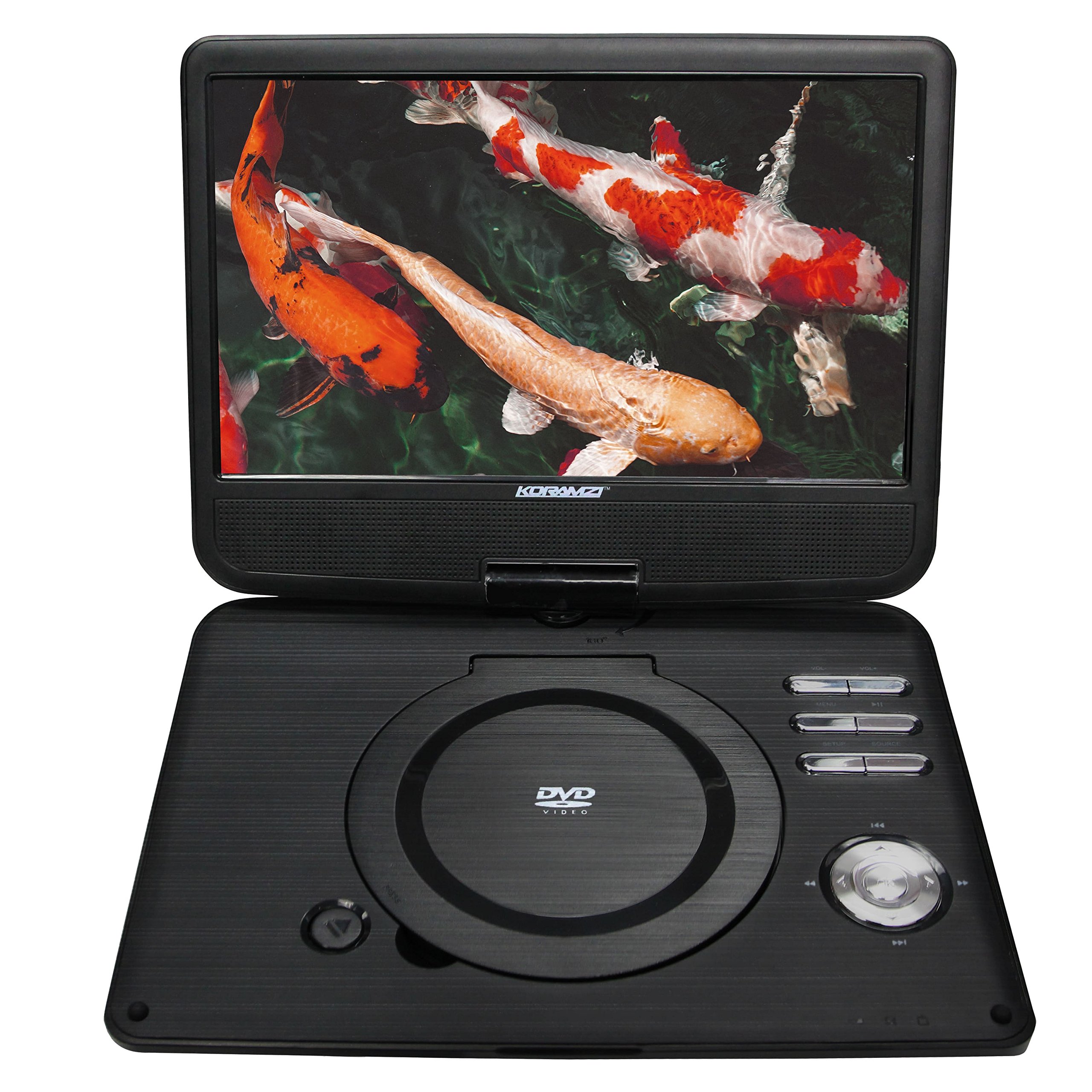 Koramzi Portable Swivel DVD Player with Rechargeable Battery/USB&SD Reader/AV Out/Headphone Jack/Remote Control/AC-DC Power Adaptor/Multi-Region DVD Format- PDVD (Medium, Black)