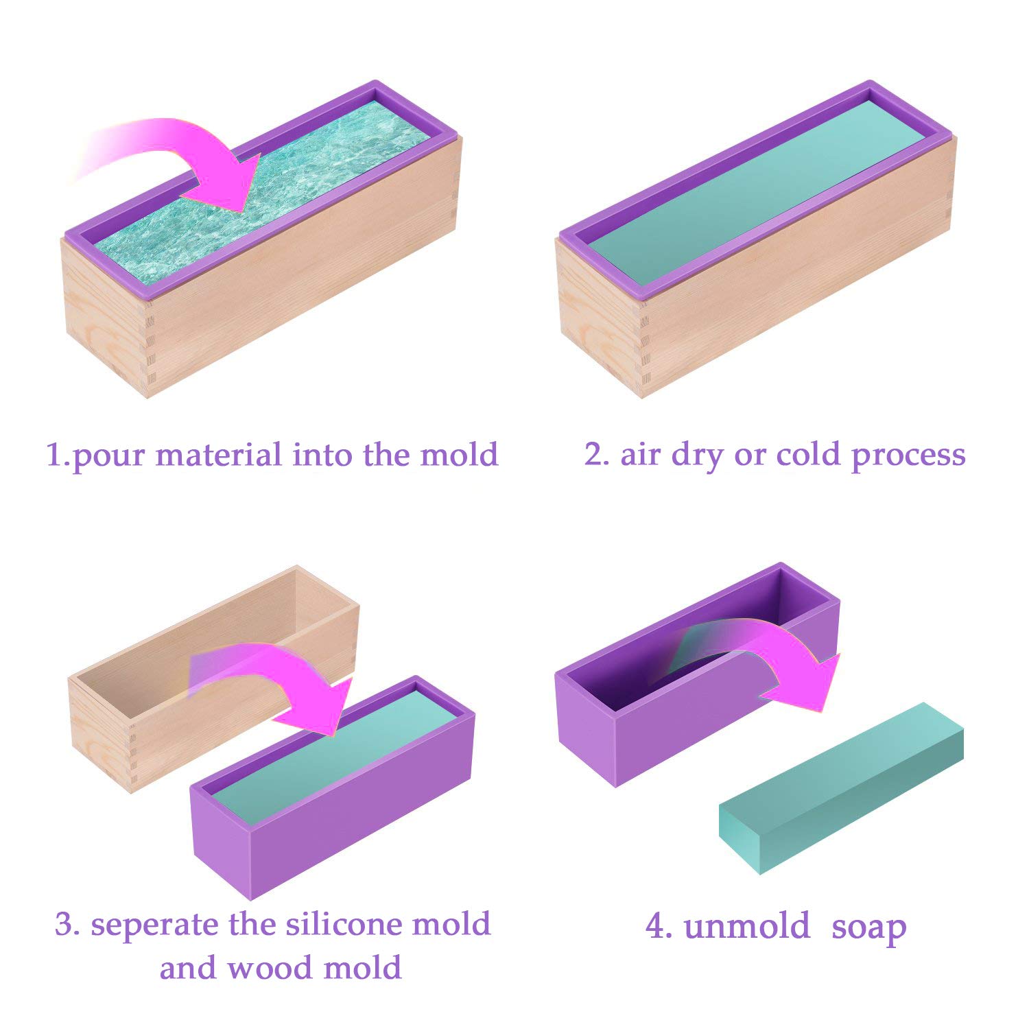 Kyerivs 2pcs Soap molds 42oz,Flexible Rectangular Silicone Soap Molds Kit with Wood Boxes, 100pcs 6×6 inch Shrink Wrap Bags, Stainless Steel Wavy and Straight Scraper for Soap Making