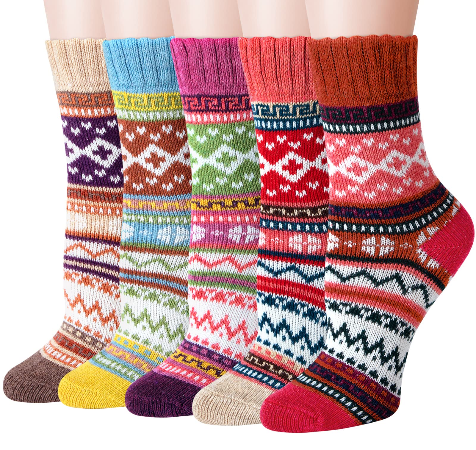 Loritta 5 Pairs Womens Vintage Style Winter Warm Thick Knit Wool Cozy Crew Socks,Free size,Multicolor