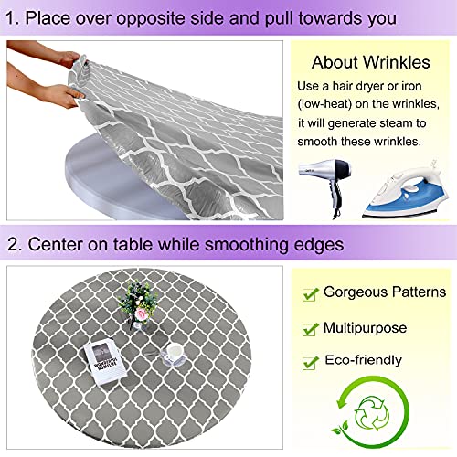 Zhuqing Heavy Duty Vinyl Round Fitted Tablecloth, Gray Moroccan Design, Spillproof Waterproof Elastic Table Cover with Flannel Backed Lining, Fits 40" to 44" Round Table,for Indoor/Outdoor Use