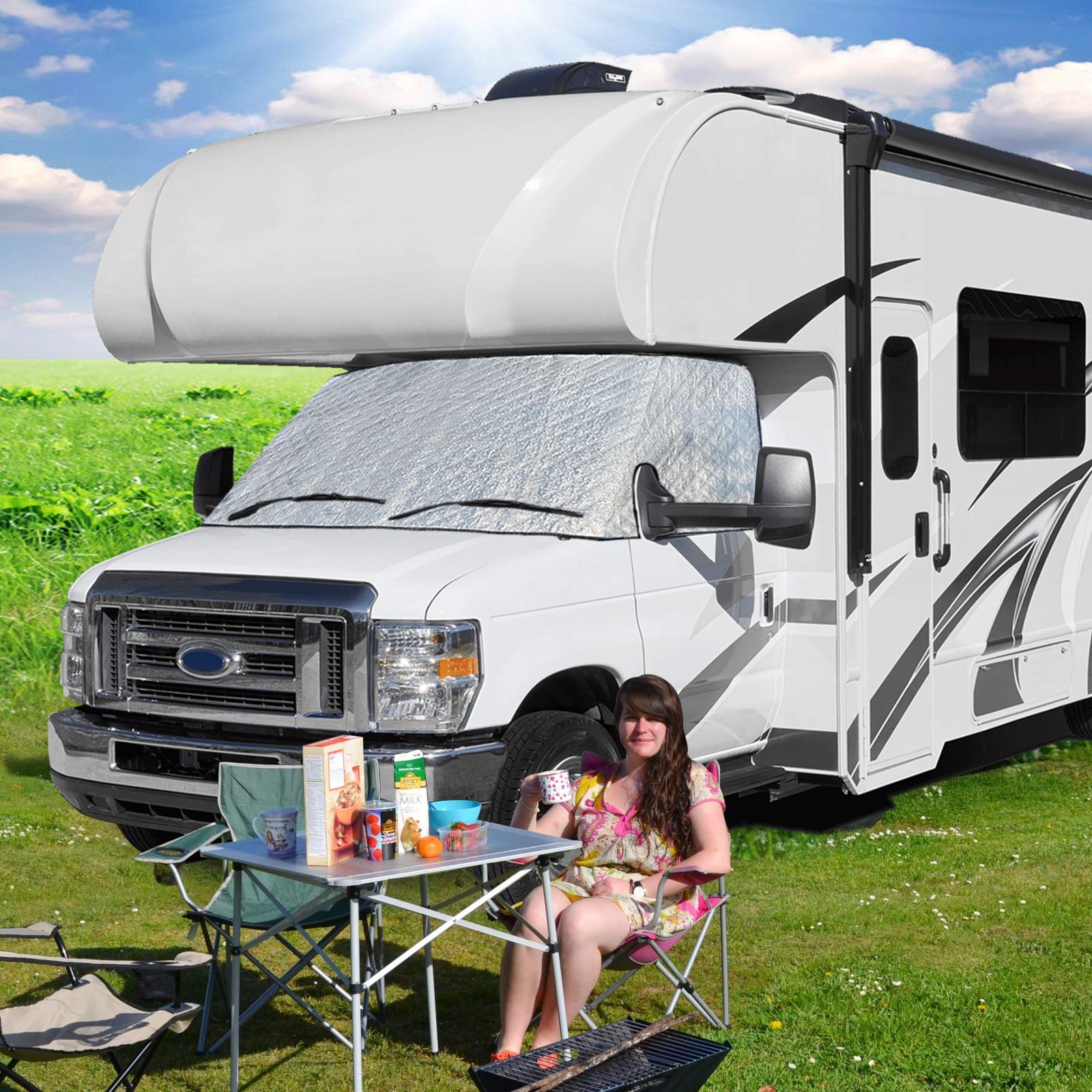 MOFEEZ RV Windshield Cover Compatible with Class C Ford 1997-2021, UV Block Offer Complete Privacy with Light Preserves Interior (White Color with Mirror Cutouts)