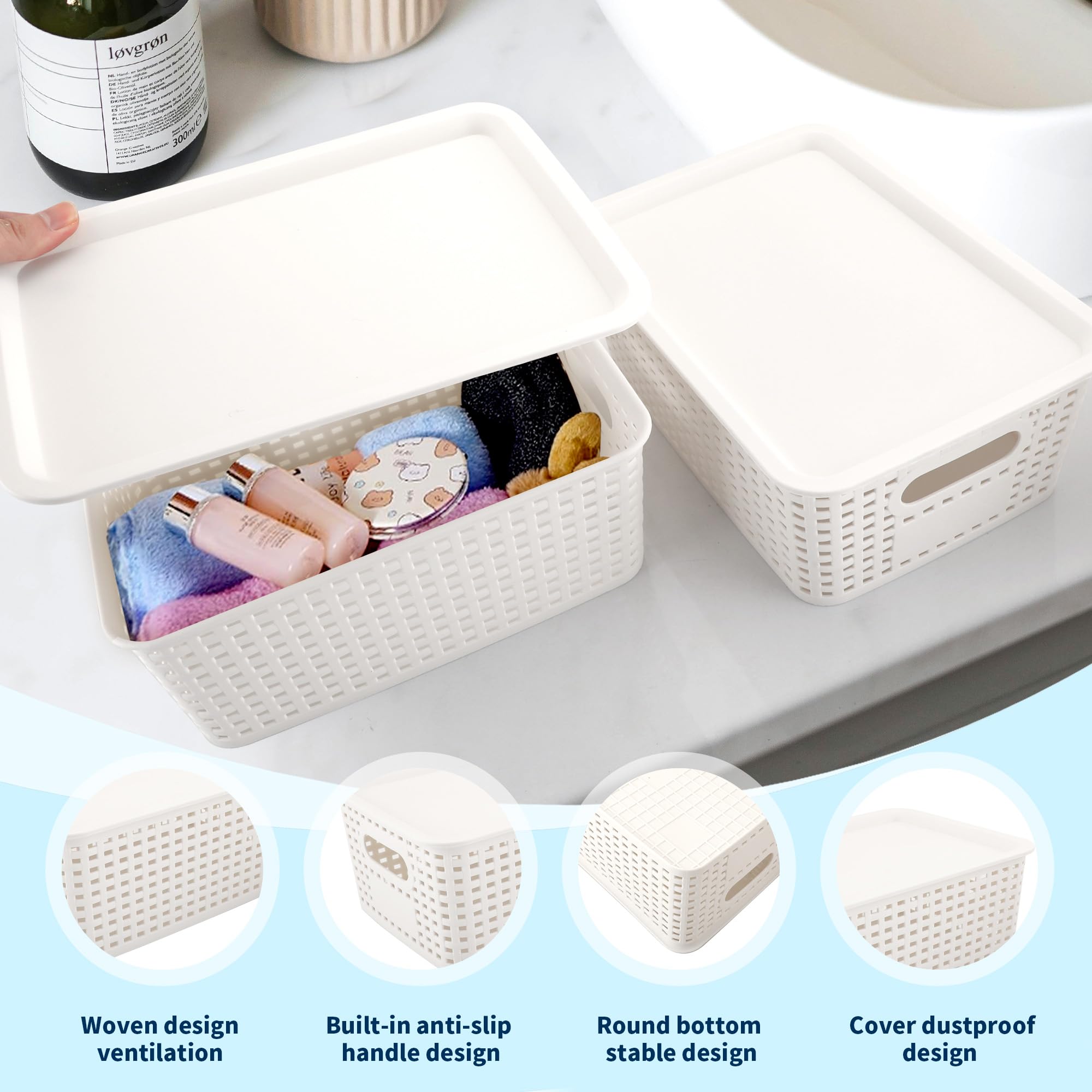 WEJOZEE Plastic Storage Baskets with Lid - Plastic Storage Containers Stackable Storage bins| Storage Baskets for Organizing Shelves Drawers Desktop Closet Playroom Classroom Office (Cream White)