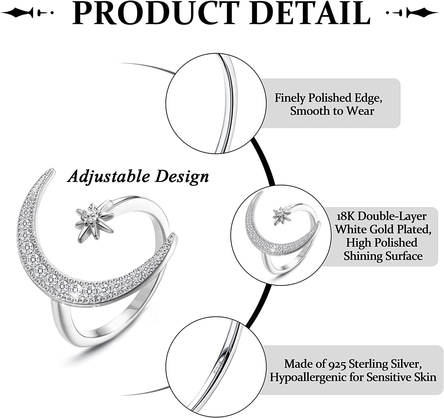 MILACOLATO Sterling Silver Moon Rings for women Adjustable Platinum Plated 5A Cubic Zirconia Crescent Moon Star Rings