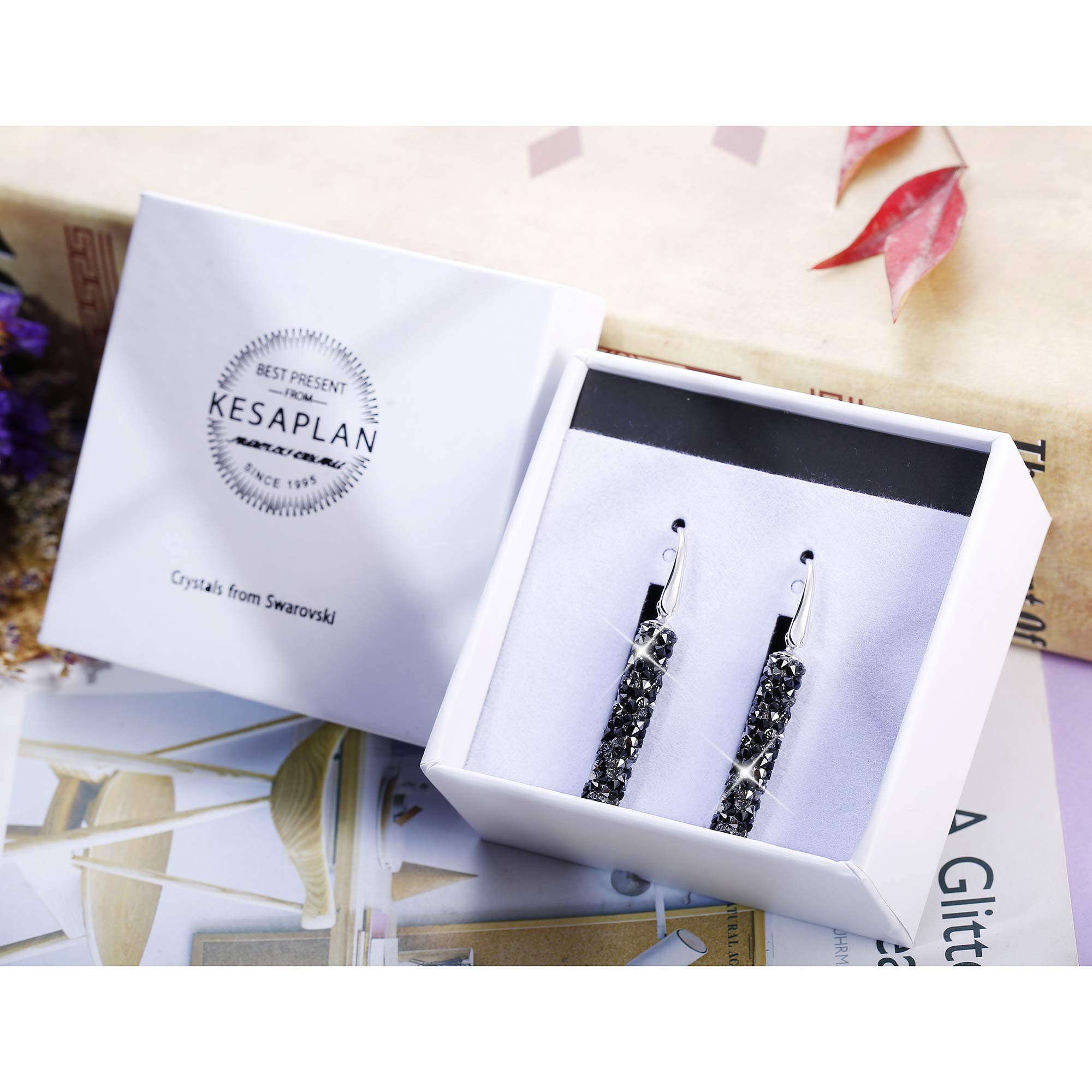 Kesaplan Cylinder Bar Dangle Crystal Earrings for Women Sterling Silver Crystal Drop Earrings Hypoallergenic, Crystals from Austria, Gift for Christmas