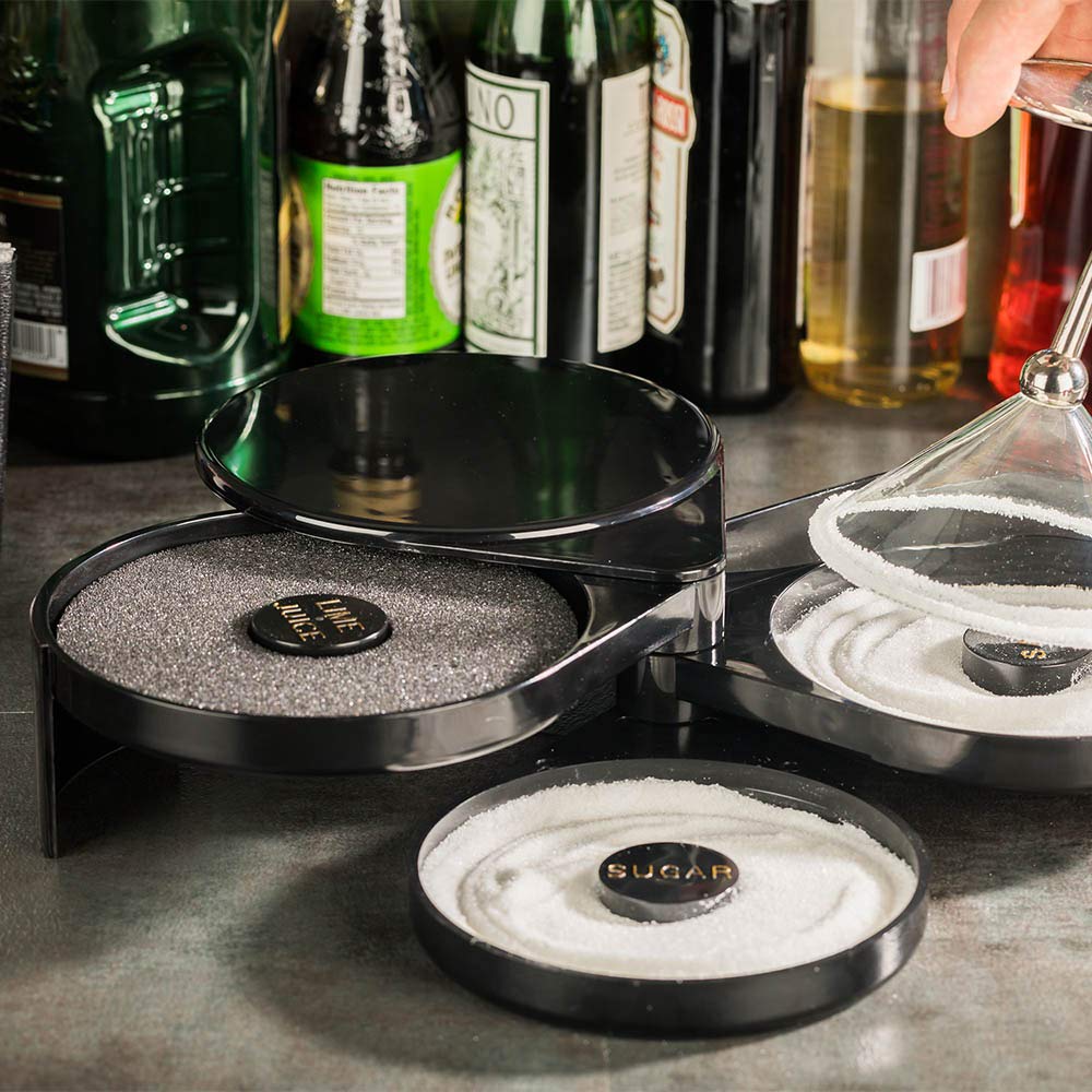 Restaurantware Bar Lux 7.8 x 6.3 x 2.8 Inch Bar Glass Rimmer, 1 3 Tiers Glass Rimming Station - Pull Out Compartments, For Cocktails, Black Plastic Bar Sugar Rimmer, For Salt, Sugar, Or Spices