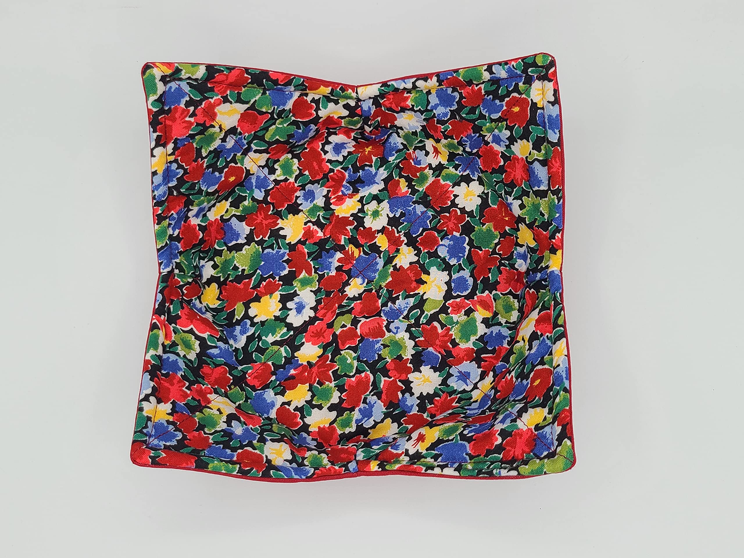 Red White Blue Roses Microwave Cozy Ditzy Floral Reversible Microwaveable Soup Holder Summer Potholder Flower Bowl Buddy Handmade Housewarming Hostess Gifts Under 10