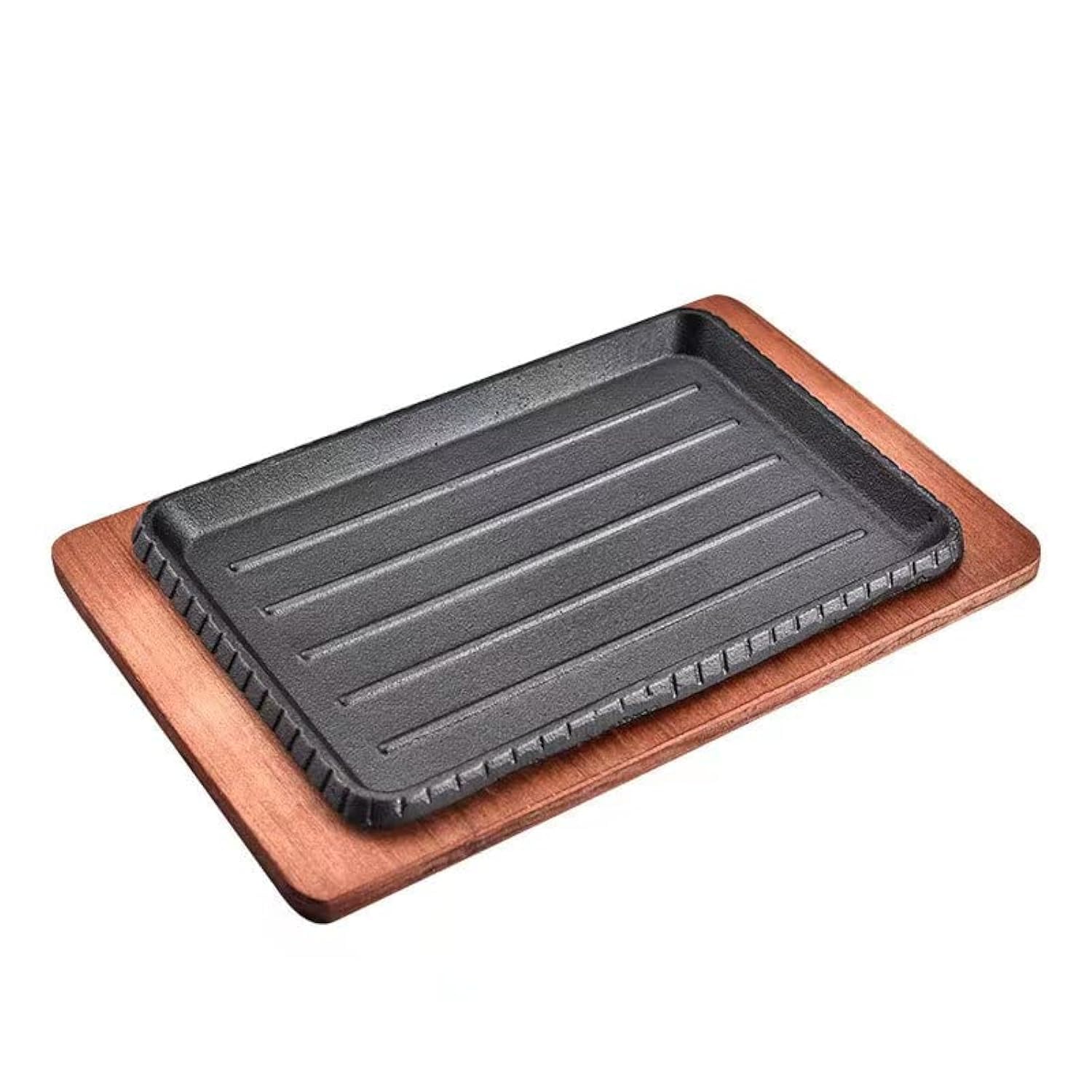 YYJINGYOU Cast Iron Steak Plate Set with wood Plate,Convex Groove (10 x 7 inch)
