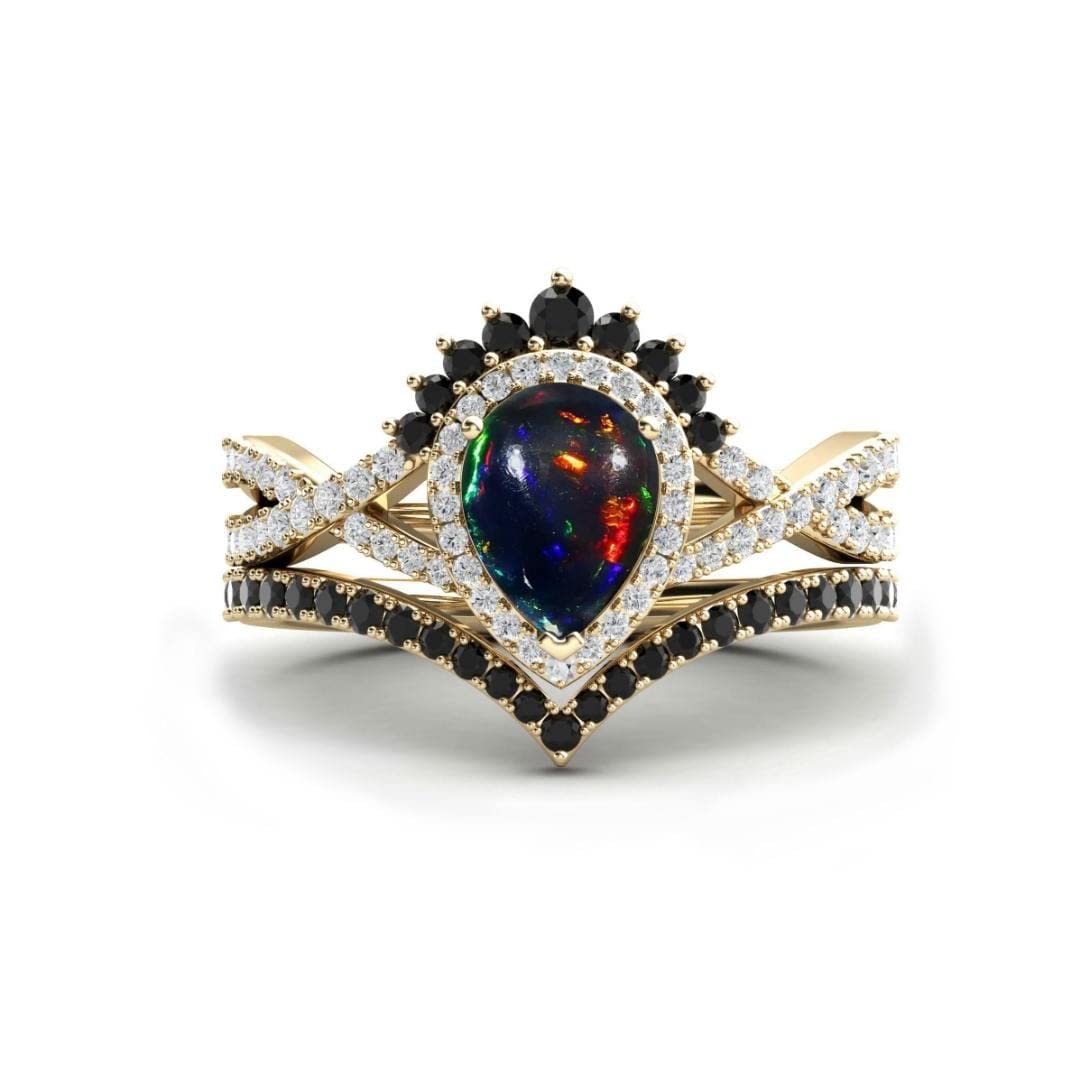 Natural Ethiopian Opal Ring, Pear Black Opal Ring, Sterling Silver Fire Opal Ring, Dark Opal Ring Set, Women Black Opal Halo Engagement Ring (Rose Gold, 7)