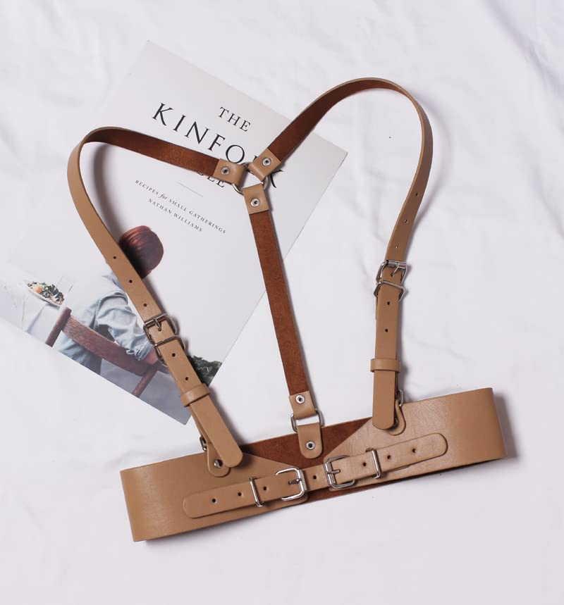 Punk Belly waist body chain black leather goth belt harness for women with strap on plus size BL1 (tan, 26"-33")