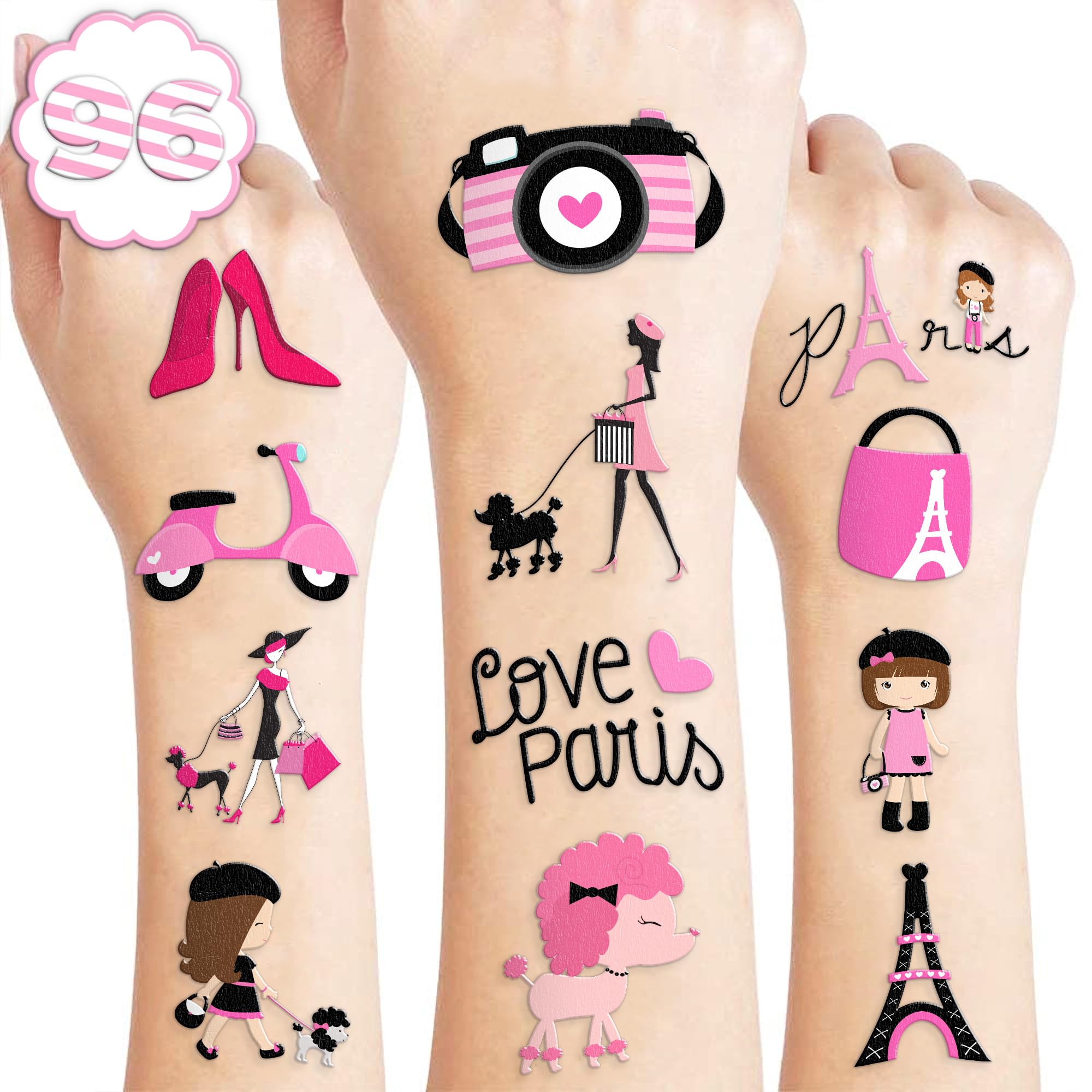 Paris Temporary Tattoos for Kids - Themed Eiffel Tower, Girl Birthday Party Decorations Supplies 96PCS Tattoos Stickers Cute Party Favors Girls Boys Gifts Classroom School Prizes Themed Christmas Pink