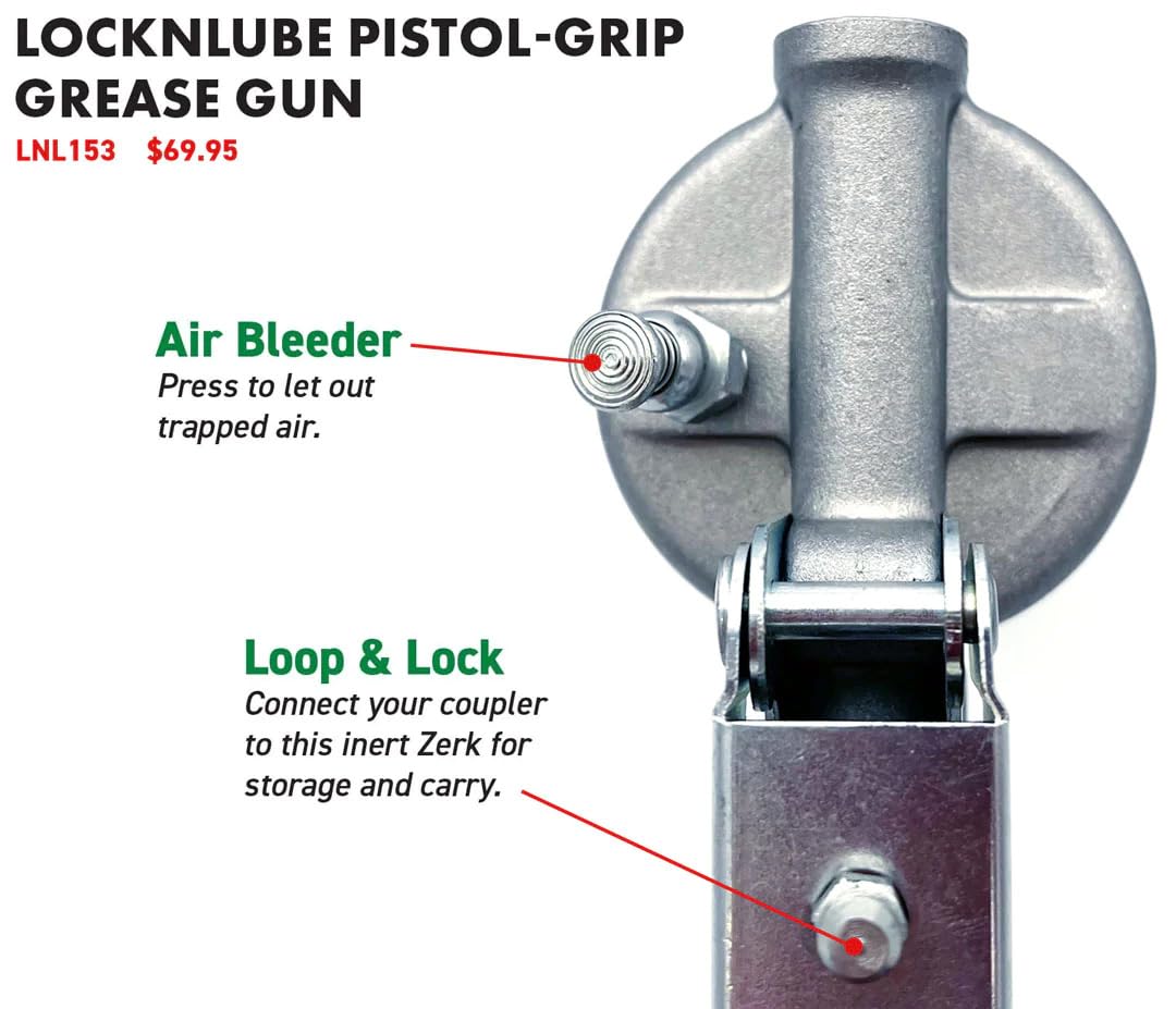 LockNLube Heavy-Duty Pistol Grip Grease Gun. Includes our patented LockNLubeĀ® Grease Coupler (Locks On, Stays On, Won't Leak!) plus a high-quality 20" hose and in-line hose swivel