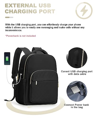 livbote Light Flight Travel Laptop Backpack Women, Mochilas para Mujer, Nurse Quilted Backpack, Water-repellent Small Backpack with USB Charging Port, Black