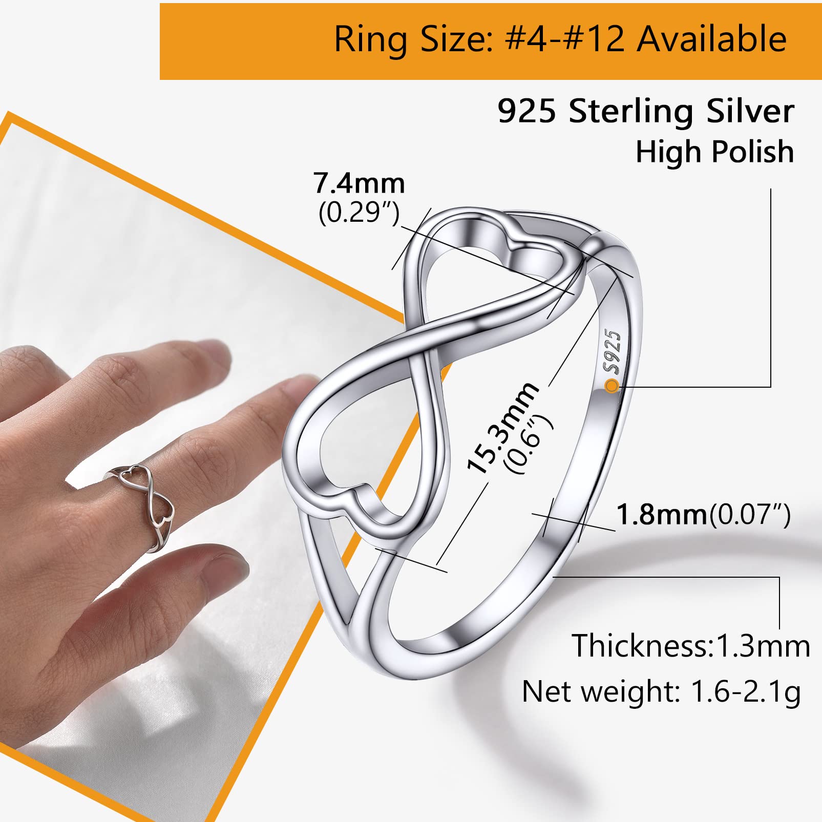 PROSILVER Wedding Band Infinity Heart Knot Ring Sterling Silver Dainty Sister Womans Rings Size 9