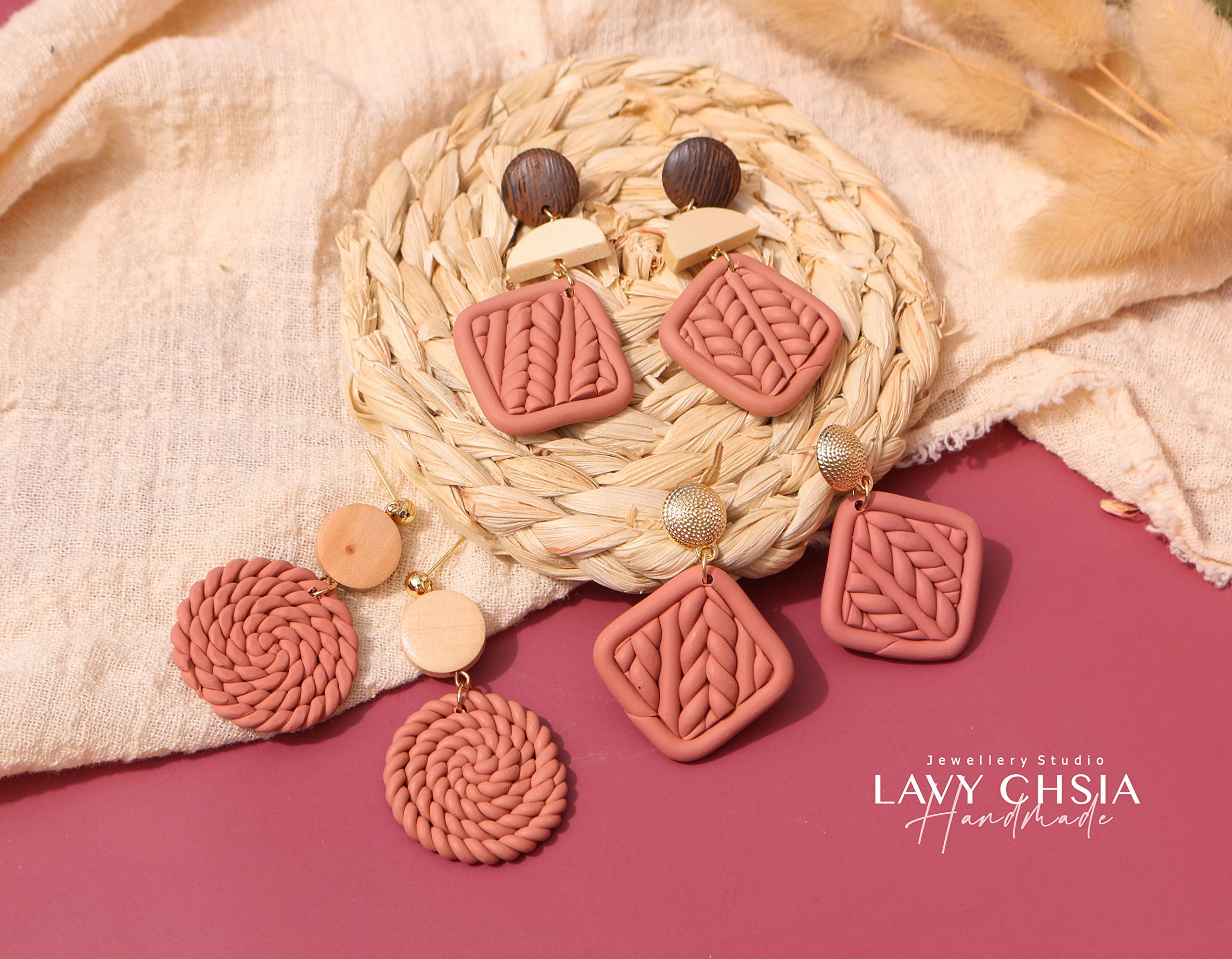 Polymer Clay Rattan Earring,Lavy Chsia Handmade Lightweight Statement Boho Drop Dangle Earrings,Jewelry Gifts for Women Girls (B)