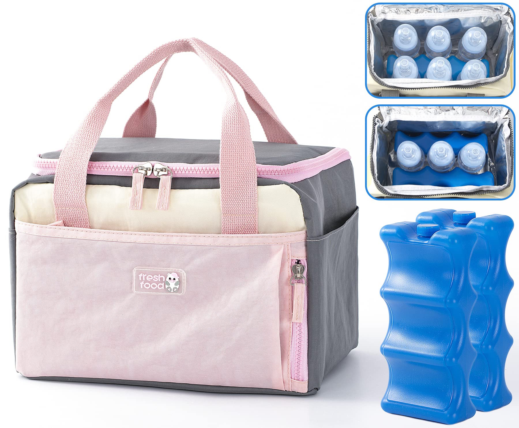 TreaHome Breastmilk Cooler Bag with 2 Ice Pack, Baby Bottle Cooler Bag Can Hold 6 Large 9 Ounce Bottles, Multiple Pockets Designed for Daycare, Nursing Moms (Pink)