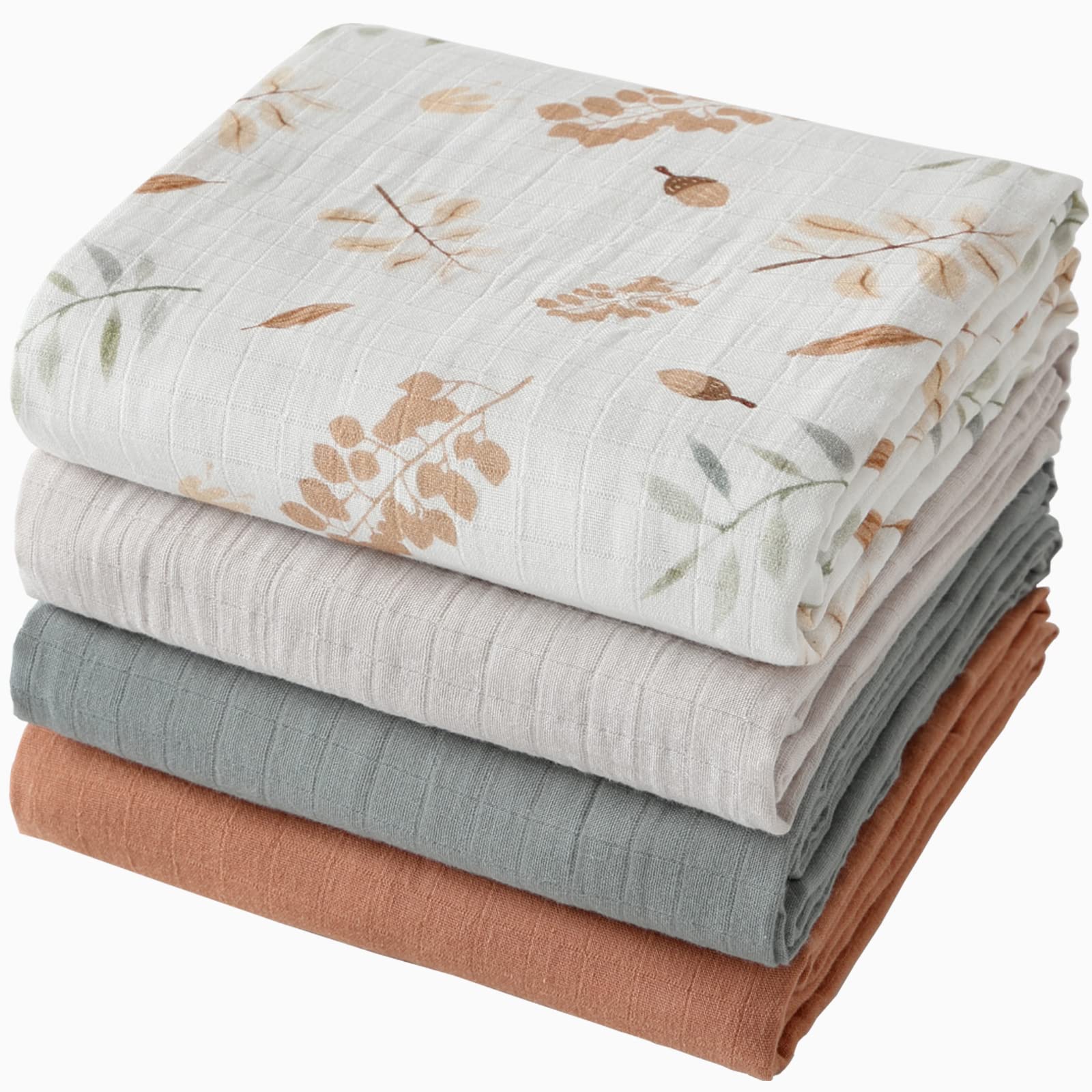 POMISO Muslin Swaddle Blankets, Baby Blankets for Boys & Girls, 100% Cotton Unisex Baby Swaddle Blankets, Receiving Blanket Swaddling for Newborn, Large 47 x 47 inches Acorn & Earthy Colors