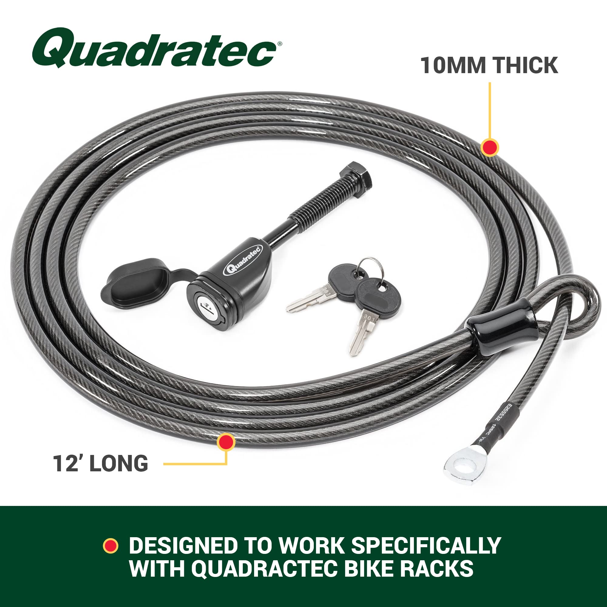 Quadratec 12' Locking Bike Cable with Threaded Hitch Pin Lock - Lock Set for Hitch Mount Bike Racks - Secures Bicycle Rack to Vehicle - Prevents Theft - Includes 2 Keys - Lock Your Bikes to Vehicle