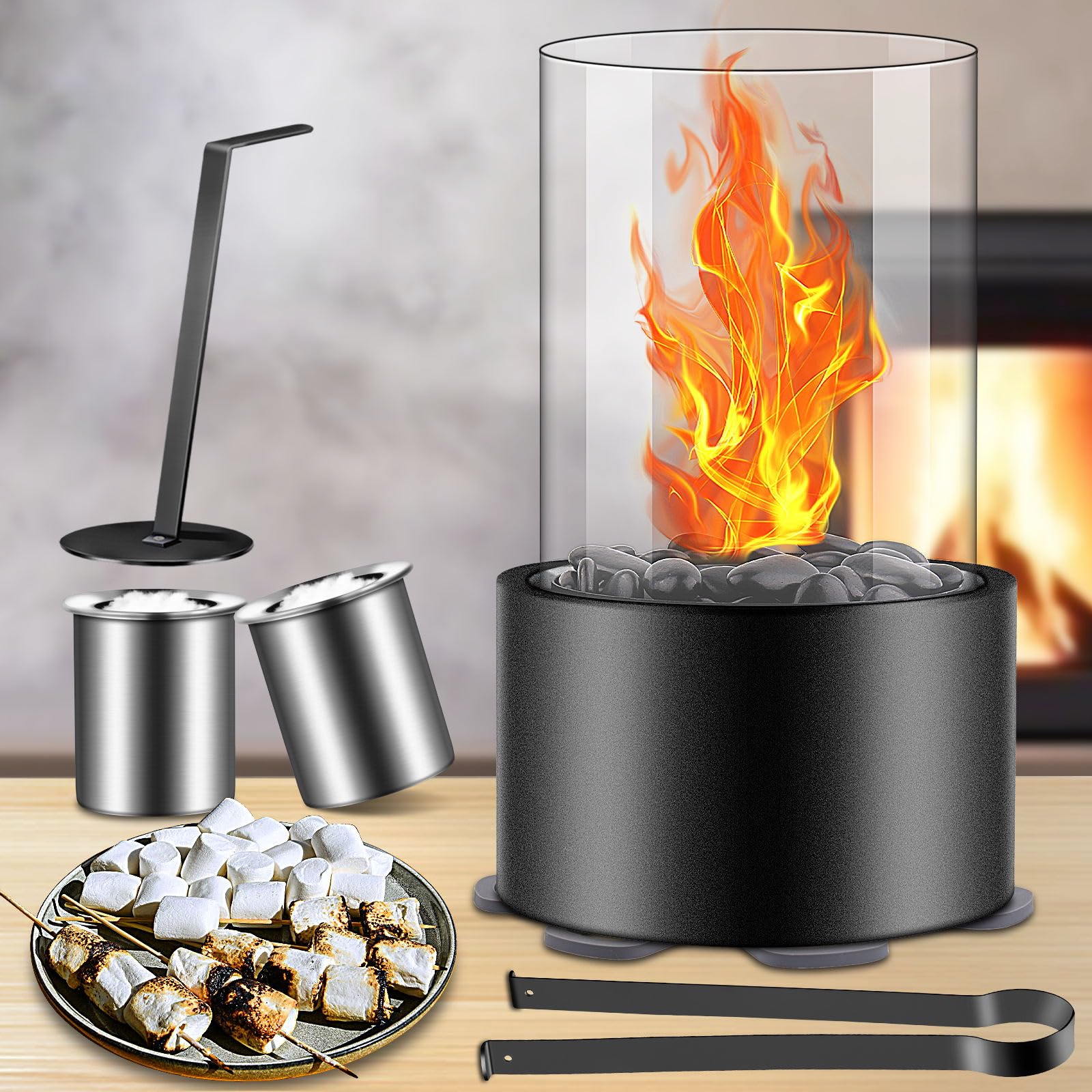 OUBRTS Mini Tabletop Fire Pit Bowl Portable Tabletop Fireplace, Small Ethanol Table Top Firepit with White Stones,Smokeless Alcohol Fireplace for Outdoor Patio Balcony Porch Camping
