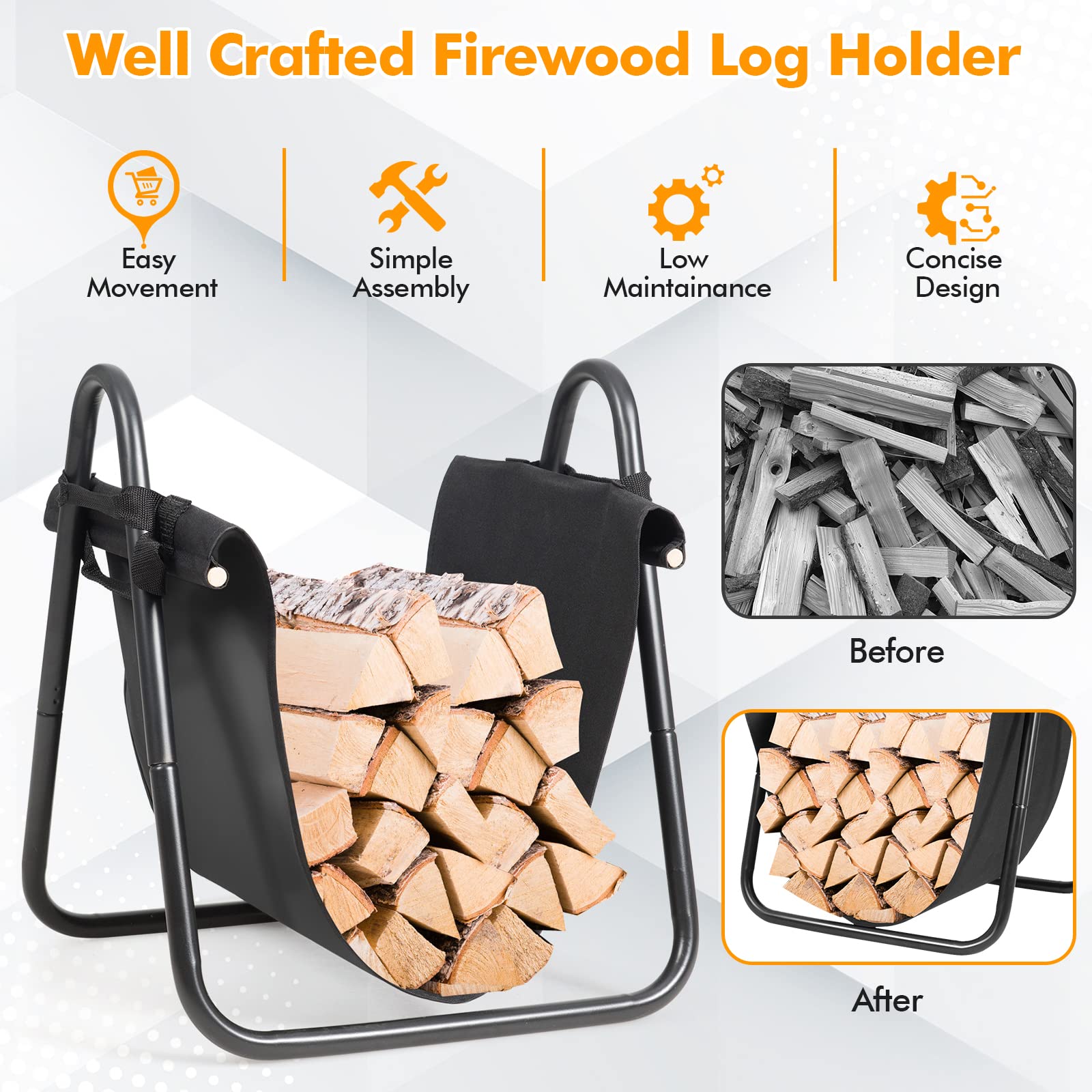 Tangkula Firewood Rack Holder with Canvas Carrier, Firewood Logs Stacker Basket for Indoor or Outdoor Use, Storage Stacker with Heavy-Duty Metal Frame, Kindling Wood Stove Accessories w/Handle
