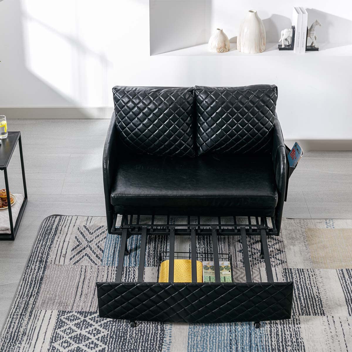 Lin-Utrend 46" Convertible Sleeper Sofa Bed, Modern Loveseat Couch with Pull Out Bed, Small Love Seat Futon Sofa Bed with Headboard, 2 Pillows Side Pockets for Living Room Apartment (Black)