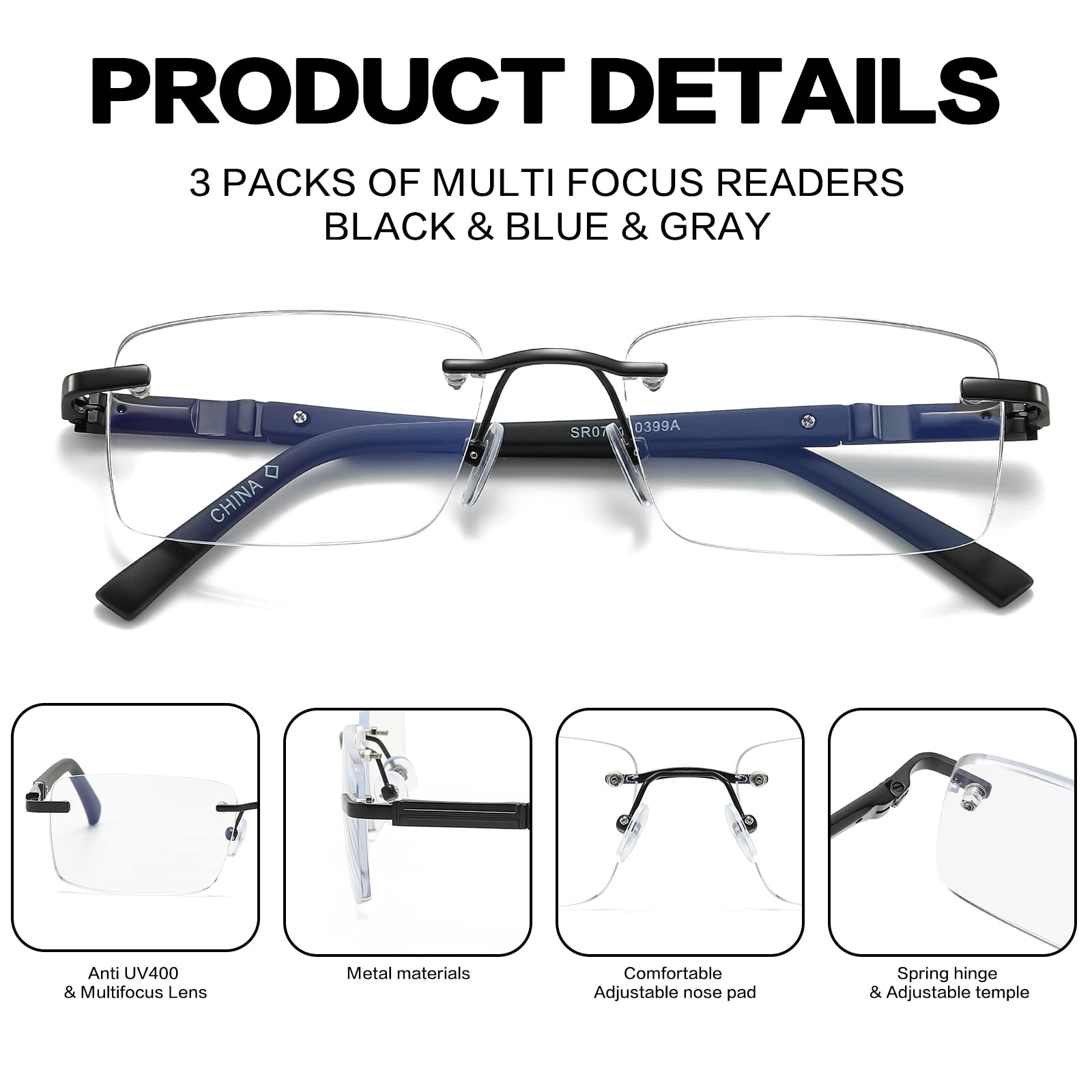 LKEYE Progressive Multifocus Reading Glasses Men Multifocal Transition Readers Blue Light Blocking Multi focus Computer Rimless Wide Metal Frame Large Head No Line Magnifying Eyeglasses LK6056 175