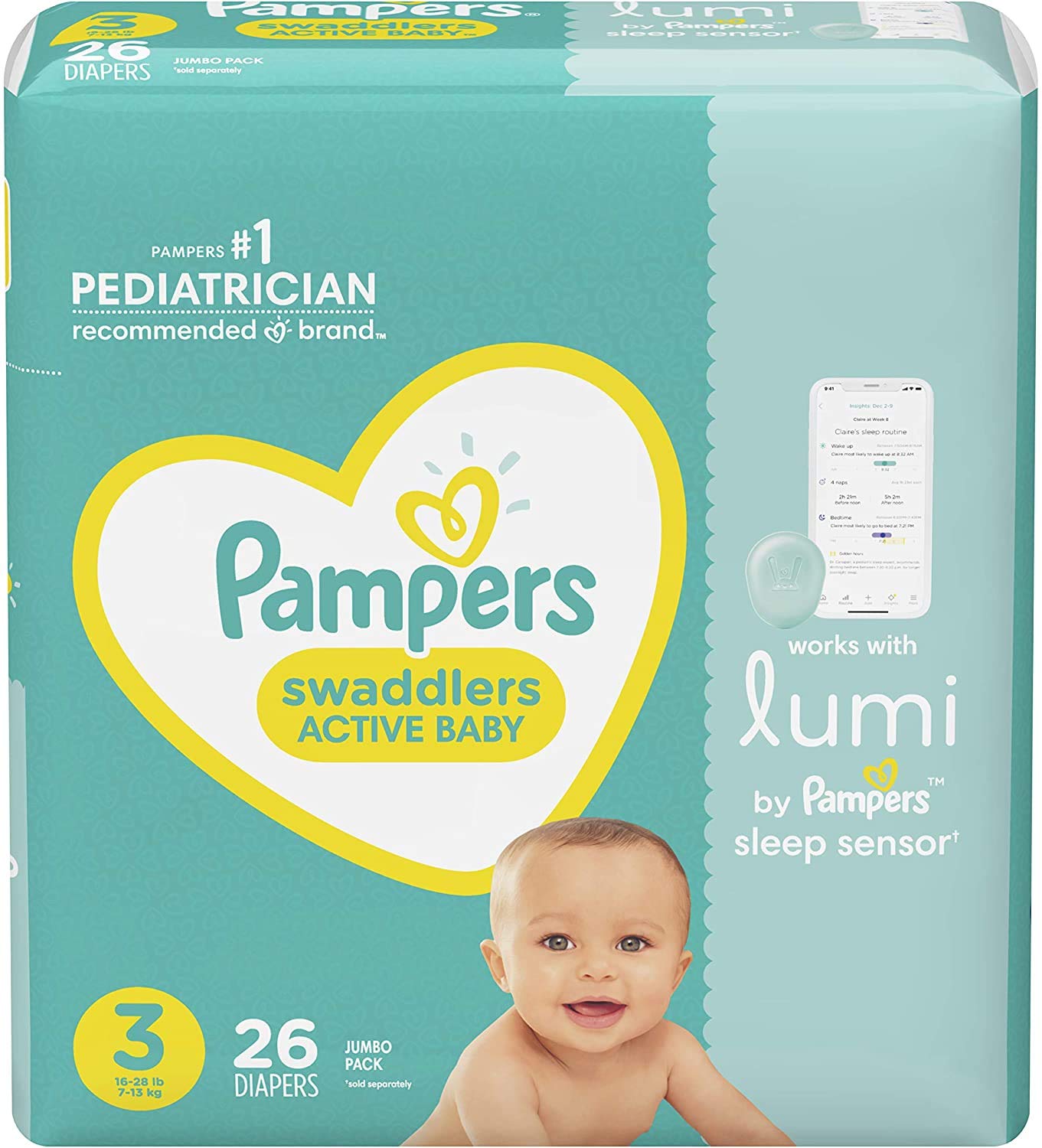 Lumi by Pampers, Size 3 Diapers, Jumbo - Compatible with Lumi Sleep System (Sold Separately), 26 Count