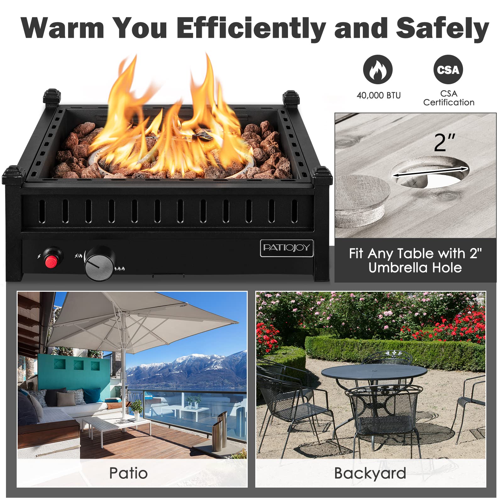 Tangkula Portable Tabletop Propane Fire Pit, Patiojoy 40,000 BTU Table Top Fireplace with Simple Ignition System, Adjustable Flame, Square Propane Firepit Bowl for Outdoors, Fit 2β Umbrella Hole Table