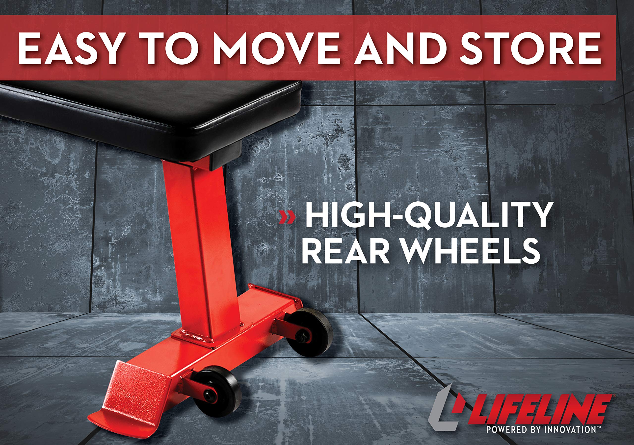 Lifeline Flat Weight Bench Heavy Duty 11-Gauge Steel with Transport Wheels and Handle for Home Gym Workouts