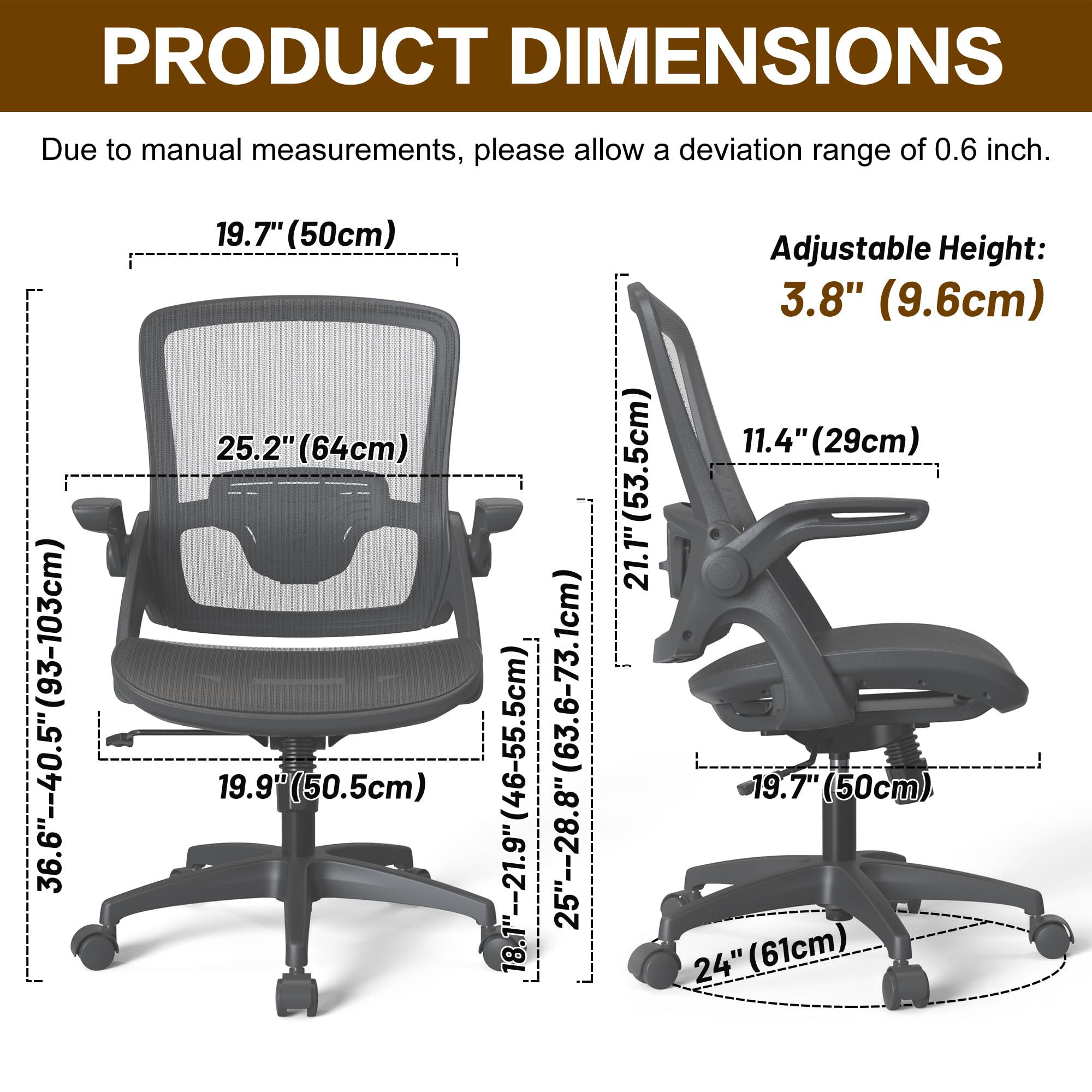 KOLLIEE Mesh Home Office Chair Ergonomic Swivel Office Desk Chair with Adjustable Lumbar Support Black Comfortable Computer Chair with Flip up Arms