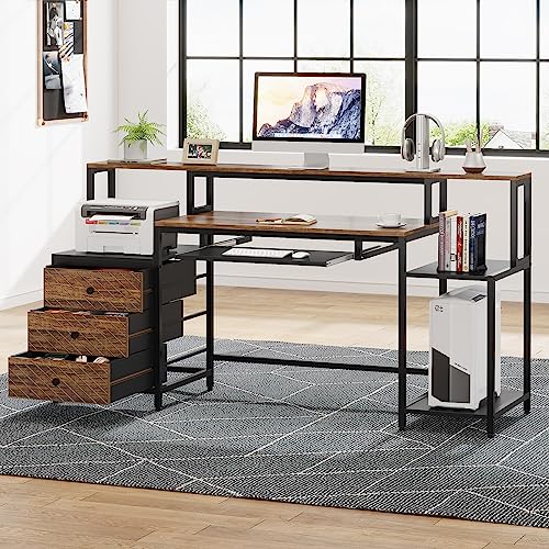 LITTLE TREE 63 inch Computer Desk with 3 Storage Drawers, Reversible Home Office Desk with Monitor Stand, Long PC Desk Workstation with Keyboard Tray, Study Writing Table, Rustic Brown