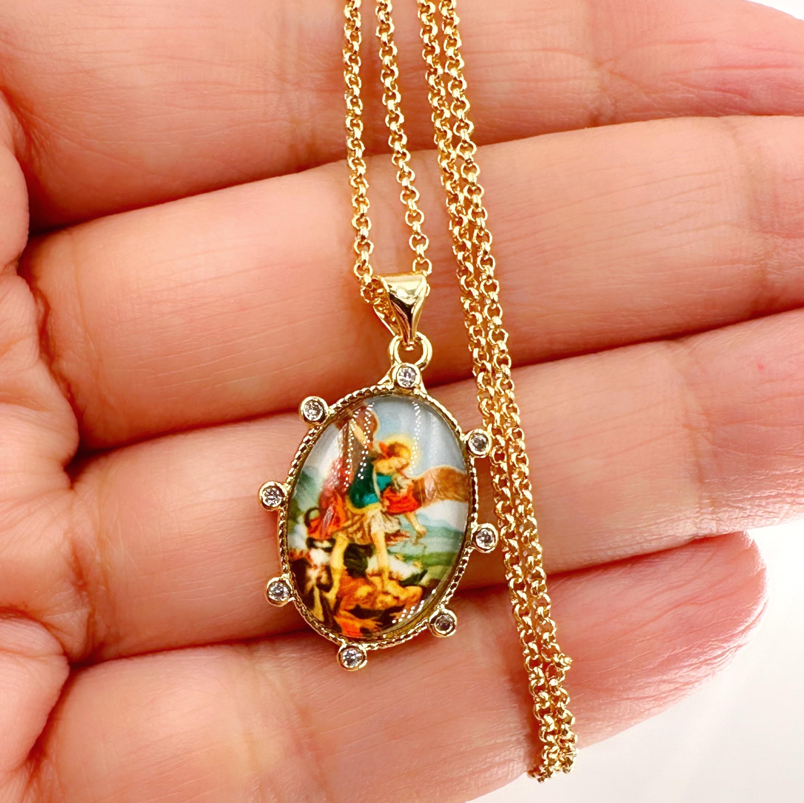 LESLIE BOULES St Michael The Archangel Pendant Necklace 18K Gold Plated Chain 18 Inches Length