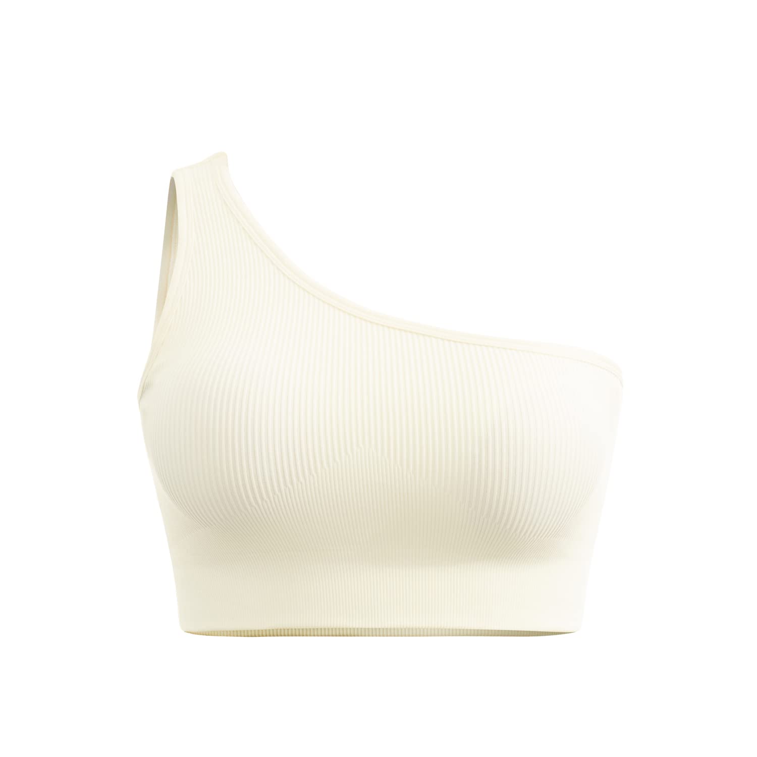 QINSEN Seamlesss Crop Top for Women Seamless Ribbed Removable Cups Workout Yoga Sport Bra Beige L