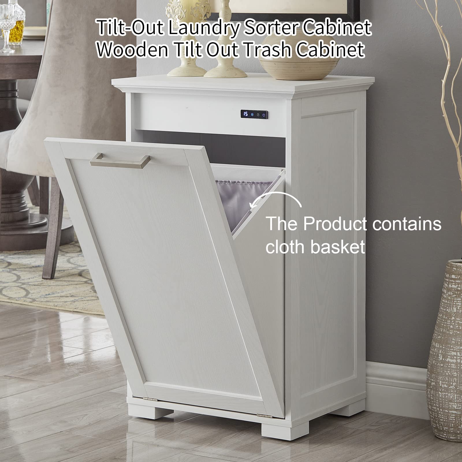 OLD CAPTAIN Tilt-Out Laundry Sorter Cabinet/Wooden Tilt Out Trash Cabinet, with Negative ion and deodorizing Function to Ensure The Cleanliness of The Kitchen Trash can(White)…