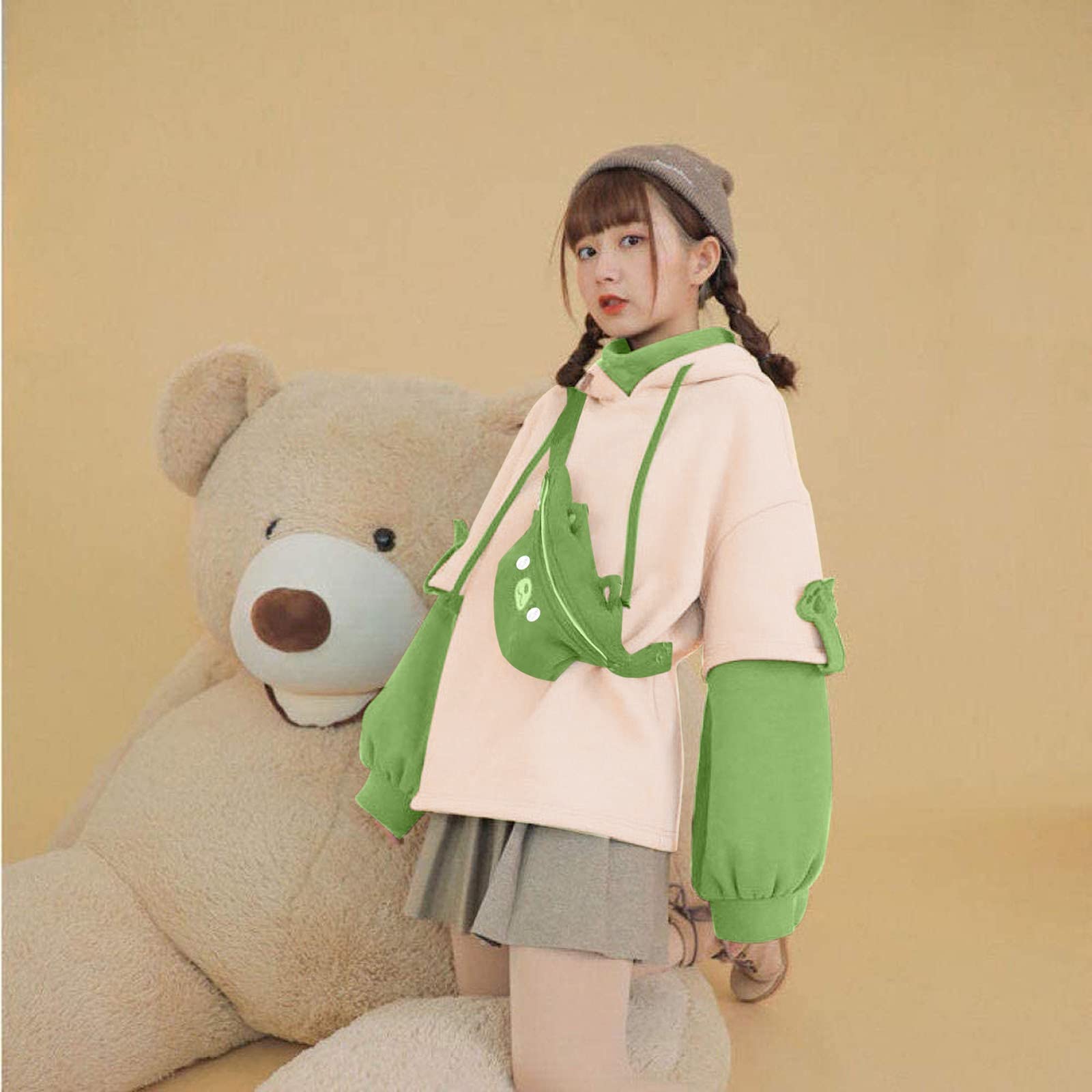 Mimacoo Cute Bear Hoodies for Teen Girls Brown Sweatshirt Long Sleeve Shirts Oversized Pullover with Personality Bag