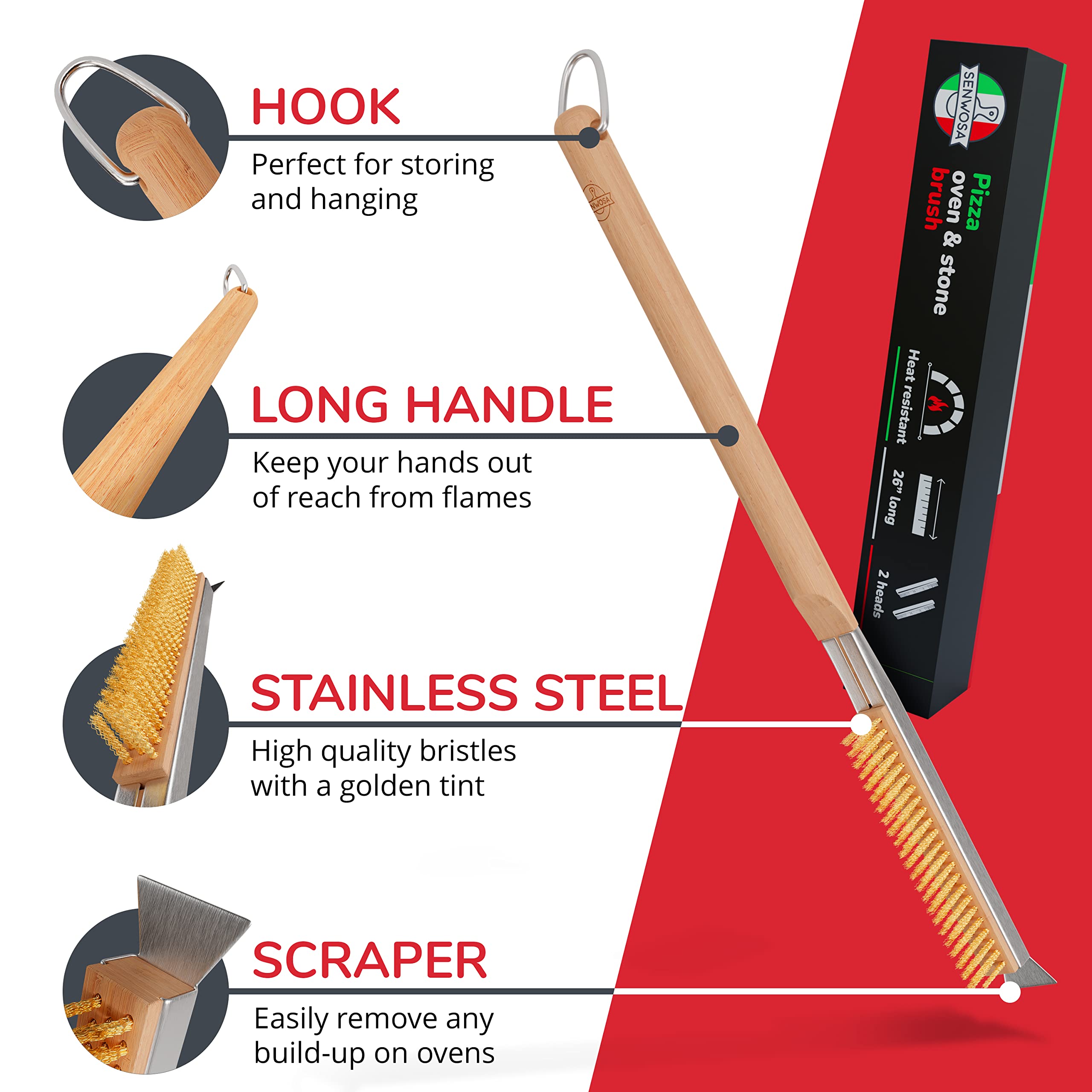 Senwosa 26β Pizza Oven Brush with Stone Scraper - Heat Resistant Stainless Steel Bristles, Extra Long Handle - Compatible with Ooni Ovens - Includes Spare Head