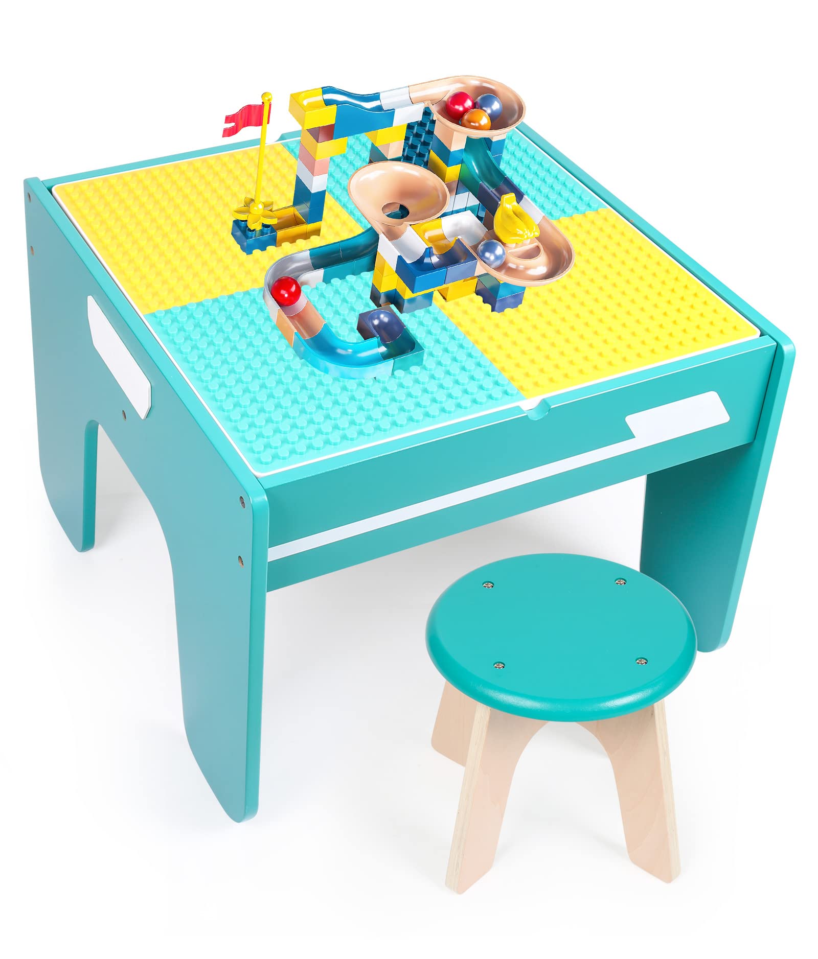 TRENDBOX 7 in 1 Activity Table for Toddlers, Wooden Kids Table and Chair Set with 200Pcs Building Blocks, All-in-One Kids Play Table, Drawing Table, Learning Table, Eating Table for Toddlers 1-5