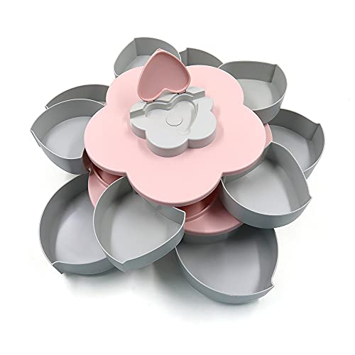 Rotating Snack Tray, Double Deck Petal Shaped Platter, Creative Flower Type Fruit Tray, Segmented Containers With Mobile Phone Holders, for Nut Candy, Dried Fruit Food Storage Organizer (pink)