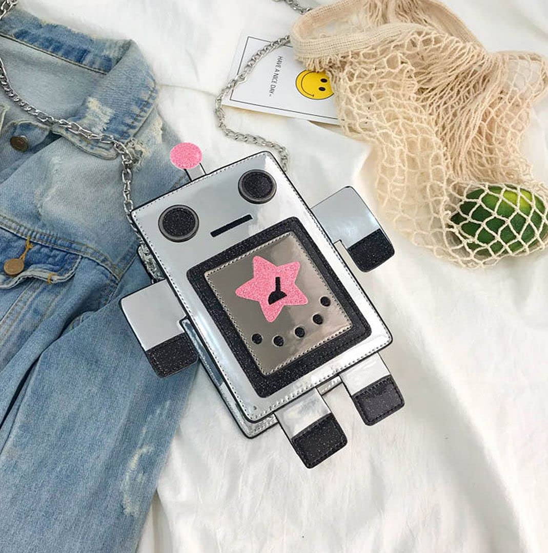 QZUnique Robot Shape Shoulder Bag 3D Pu Leather Purse Glossy Crossbody Bag with Detachable Chain