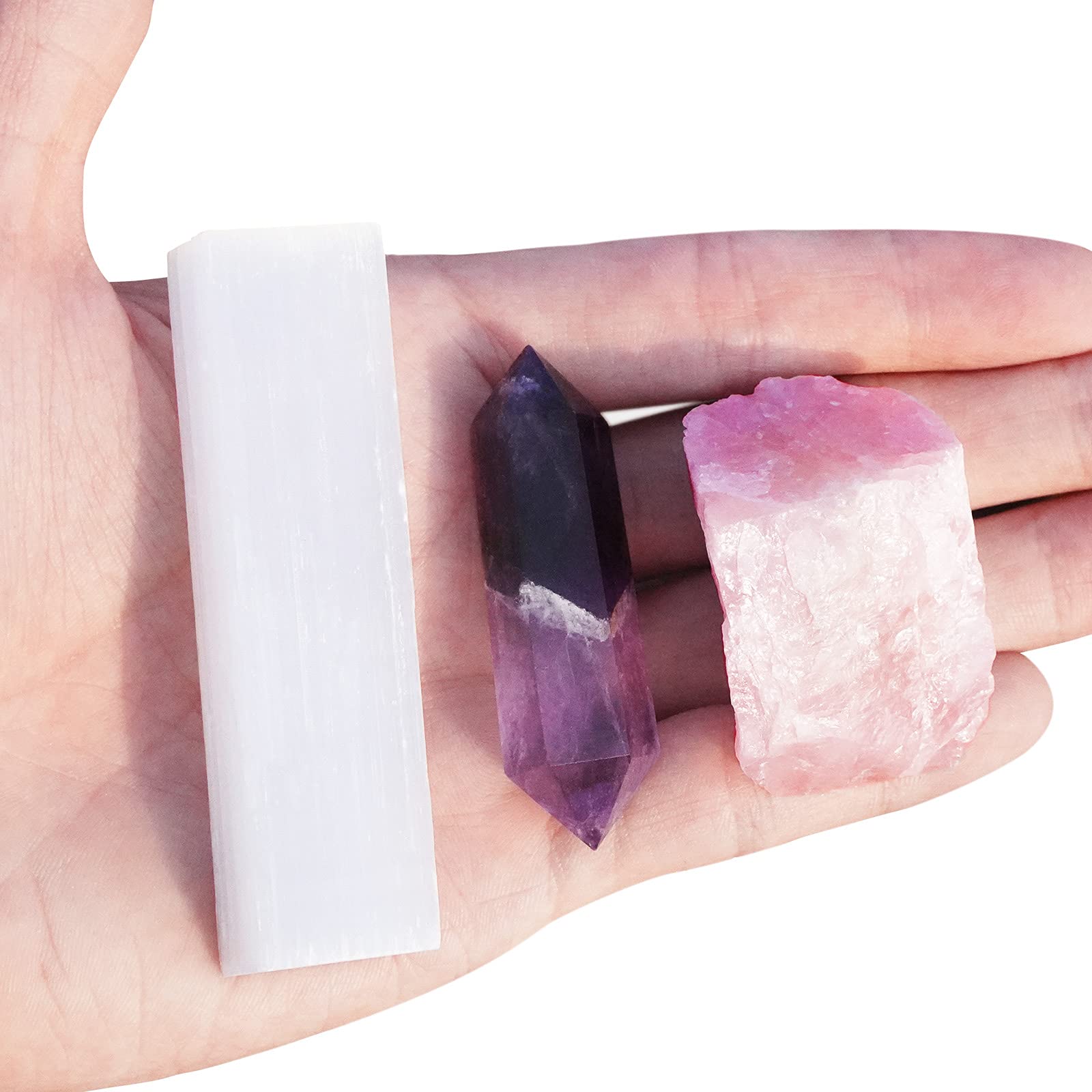 MIMOSA Healing Crystal Point Double Terminated Amethyst, Raw Rose Quartz &Selenite (Small)