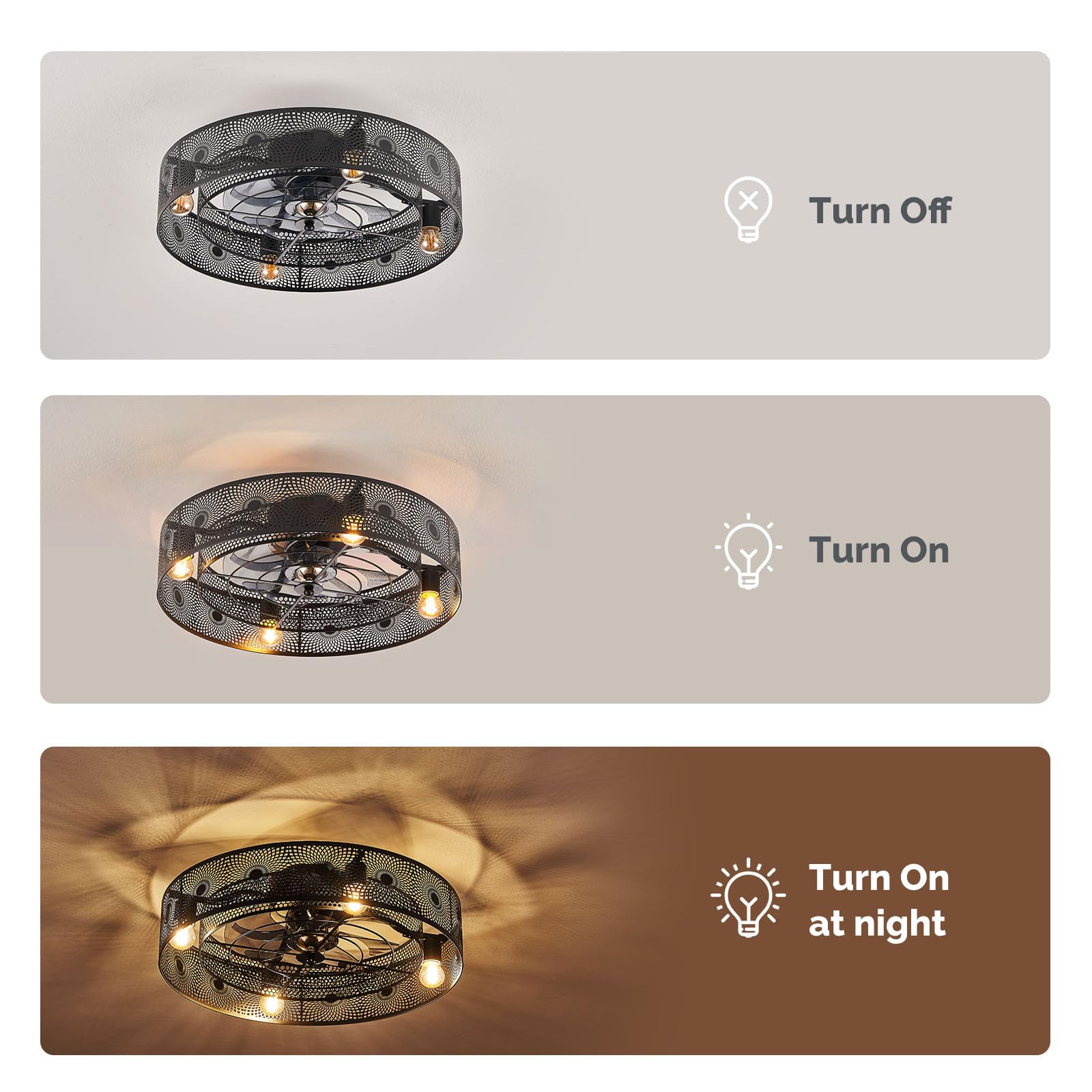 Orison 20 Inch Caged Ceiling Fan with Light, Black, 6 Speeds, Timer, Reversible Motor, Industrial Low Profile Ceiling Fan for Living Room, Bedroom, Kitchen