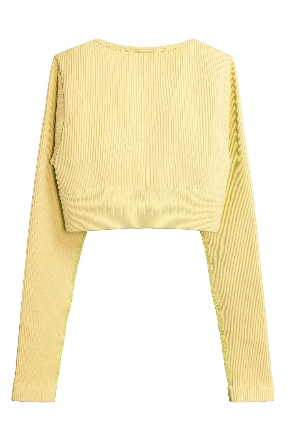 QINSEN Women's Slimming Fit Sports Workout Shirt Long Sleeve Crop Top with Drawstring M Yellow