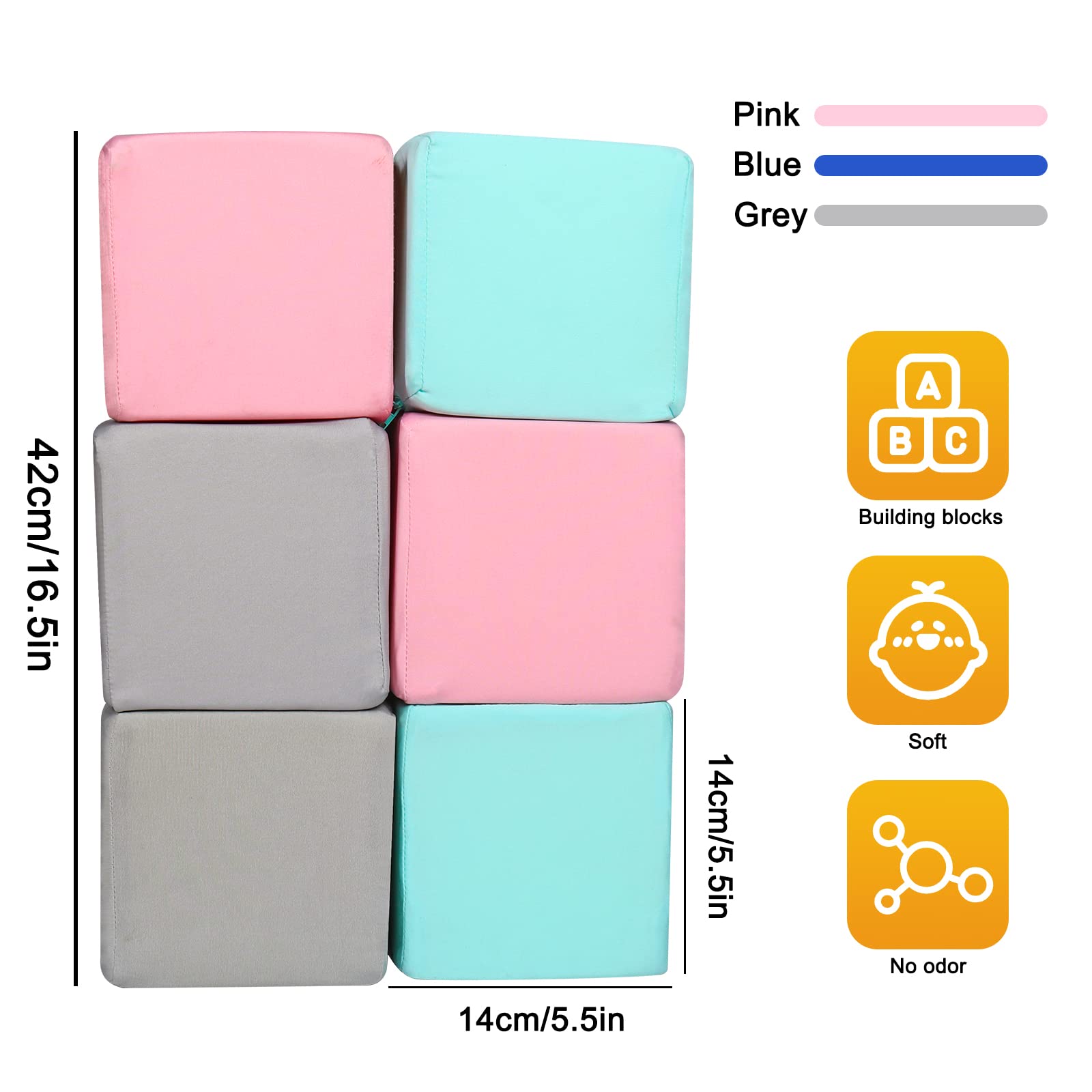 TRENDBOX Toddler Foam Cubes, 12 Pcs 5.5inch Soft Foam Blocks with Detachable Washable Cover, Soft Stacking Blocks for Baby(Light Gray/Pink/Blue