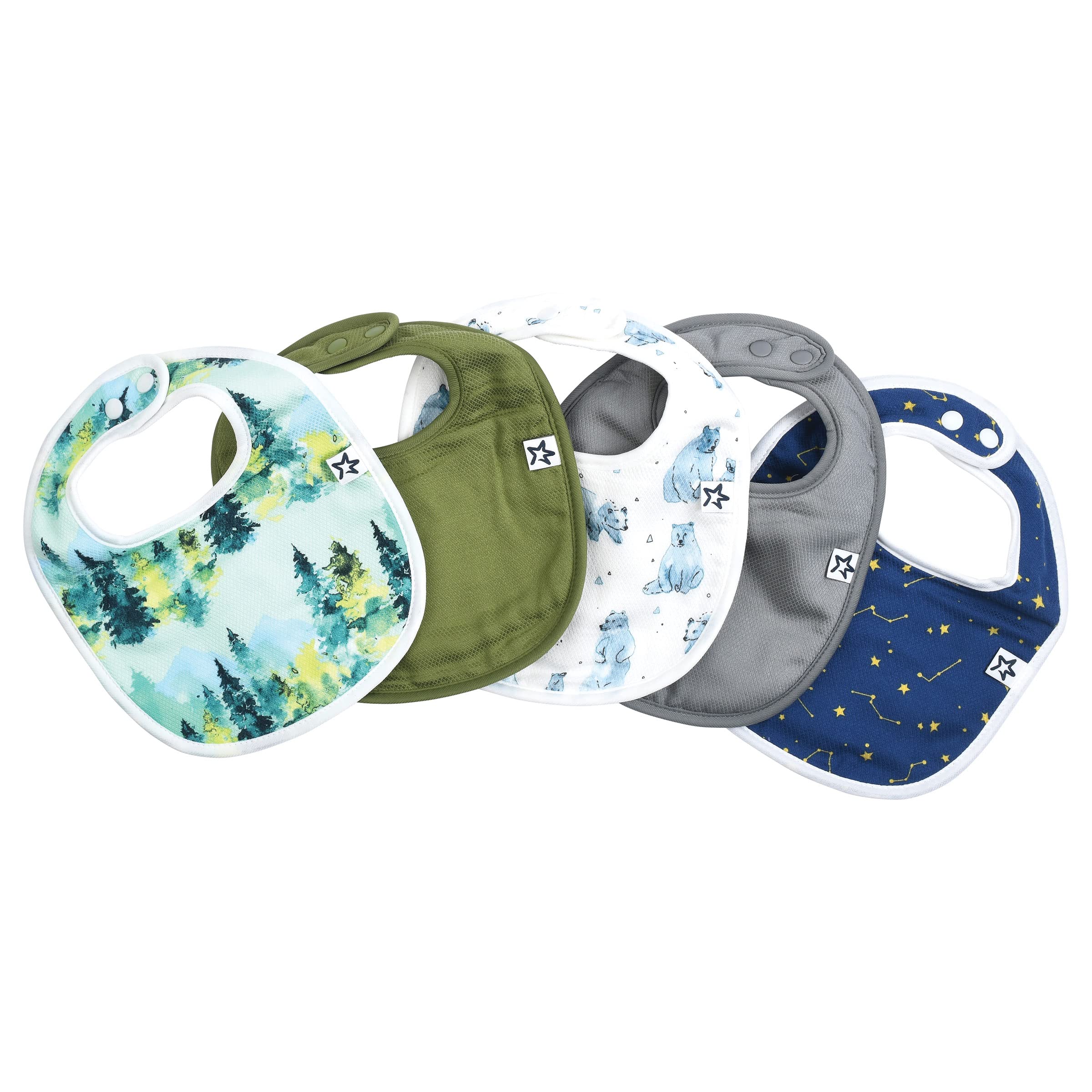 Tiny Twinkle Baby Feeding Bibs 5 Pack Set - Absorbent and Waterproof Baby Bibs for Feeding Infants (Forest 5-Pack)