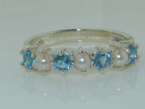 LetsBuyGold 925 Sterling Silver Cultured Pearl & Blue Topaz Womans Eternity Band Ring - Size 10