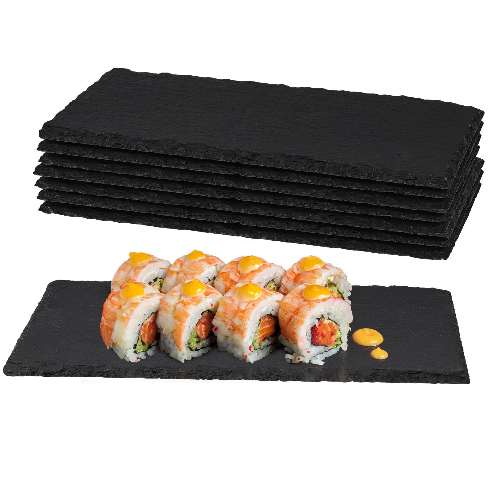 PINGEUI 8 PCS 9 x 6 Inches Black Slate Cheese Board, Rectangular Slate Stone Serving Plates with Natural Edge, Modern Slate Cheese Platter Tray Cutting Board for Cheese, Appetizer, Sushi, Charcuterie