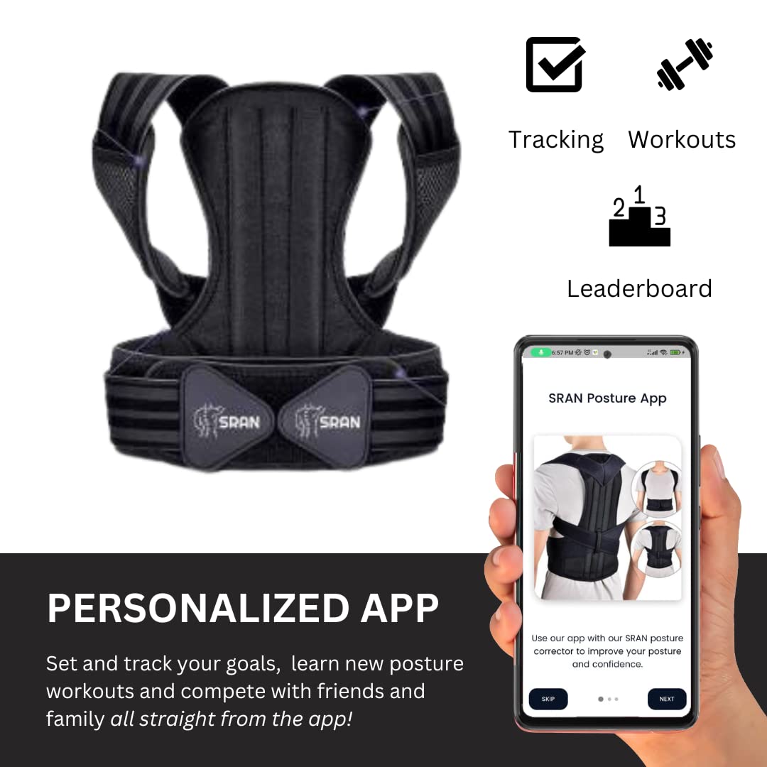 SRAN Posture Corrector for Men and Women with Progress Tracking App Medium Size - Adjustable, Comfortable, Lightweight Brace - to Improve Posture, Align Spine, and Relieve Back Pain, Neck Pain, Shoulder Pain - Premium Quality Support for Office, Work, Spo